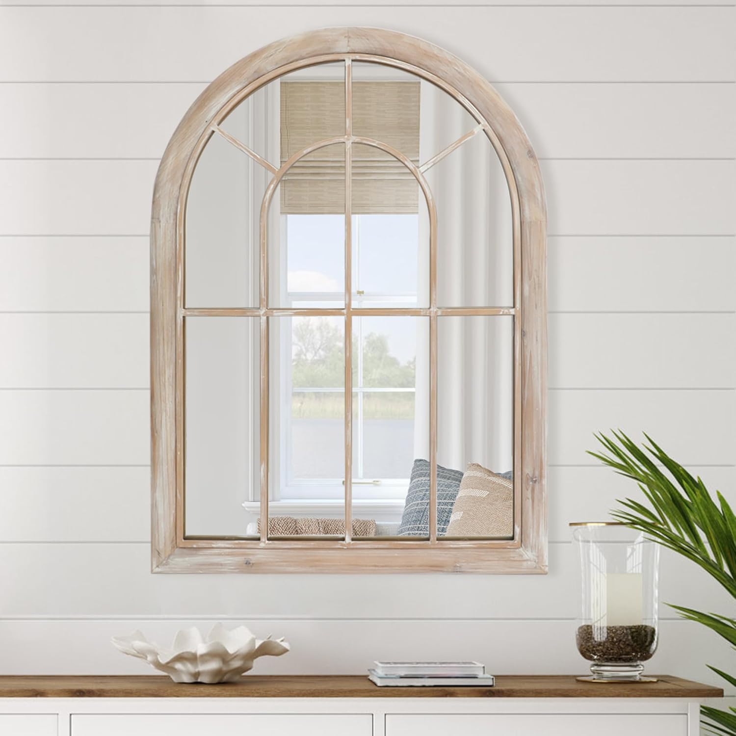 Amazon.com: eodme Farmhouse Window Pane Mirror, Rustic Arched Wood ...