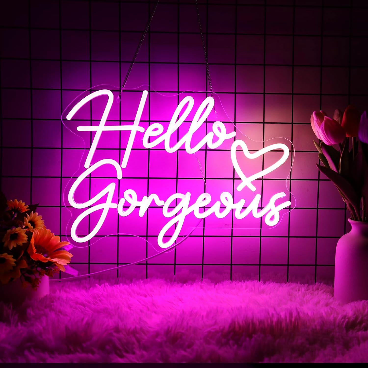 Letrero de neón con texto en inglés «Hello Gorgeous para boda, para ...