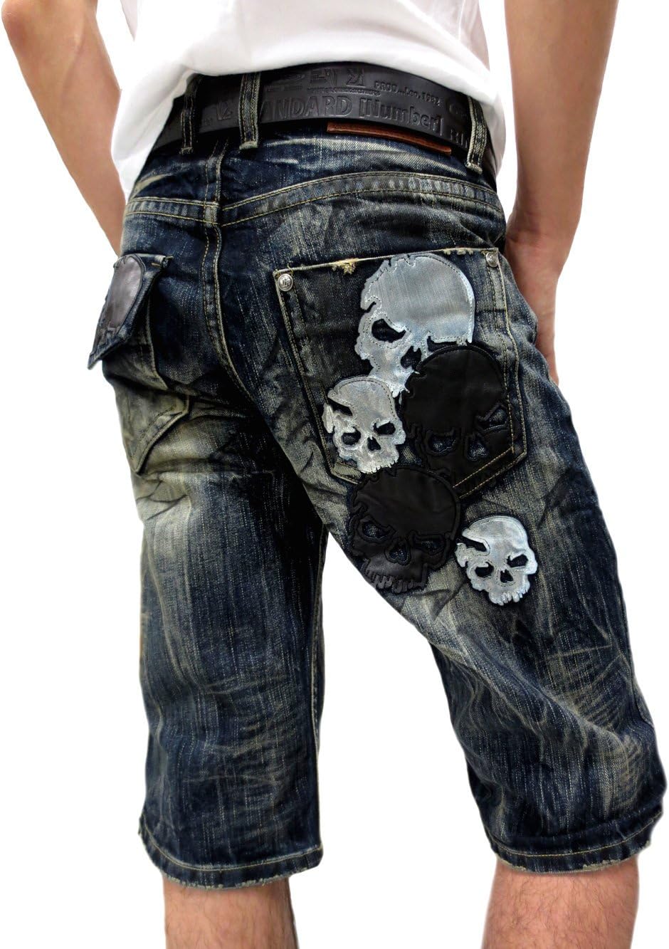 Amazon | クラウド72(CLOUD72)メンズ デニム#573 ハーフパンツ ドクロ 髑髏 白×黒 短パン レッドペッパー REDPEPPER (40) | ミディアムパンツ 通販