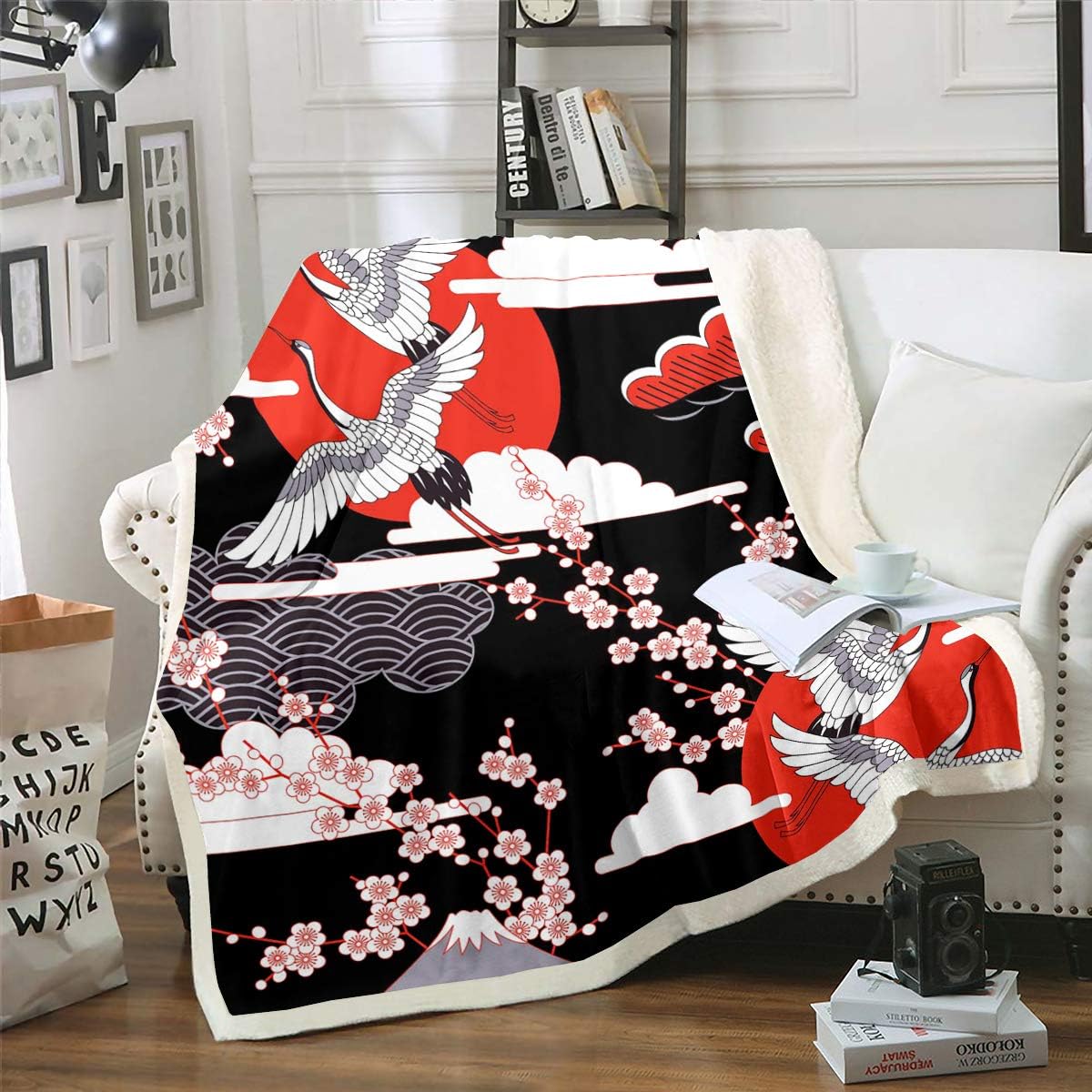 Amazon.com: Japanese-Style Throw Blanket Queen Size Crane Printed ...