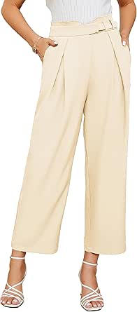 JASAMBAC Women's Wide Leg Ruffled Pants Belted High Waist Trousers Pockets Slacks Classy Office ...