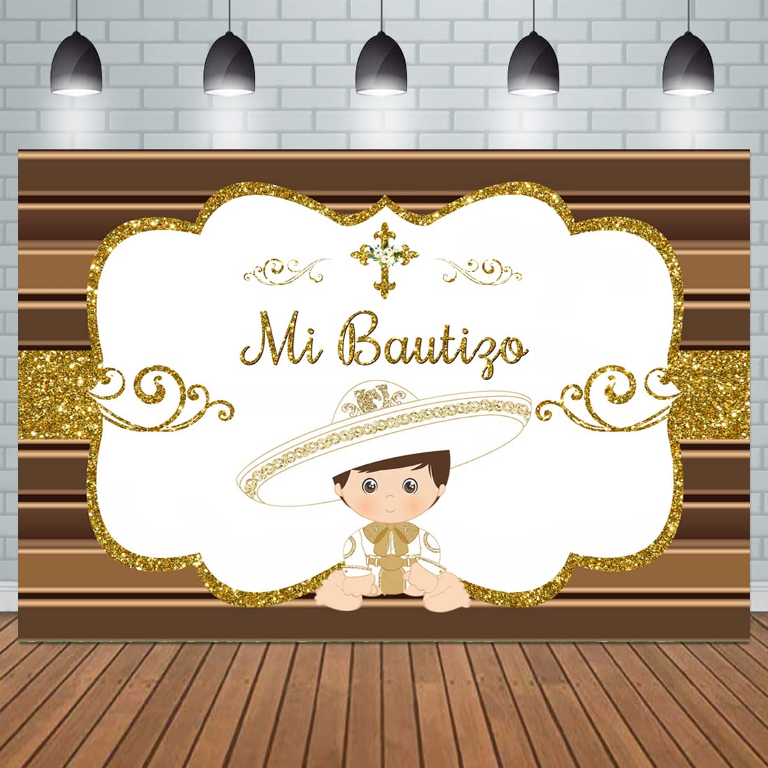 Mi Bautizo Baptism Backdrop Mexican Hat Boy Gold Dots Brown ...