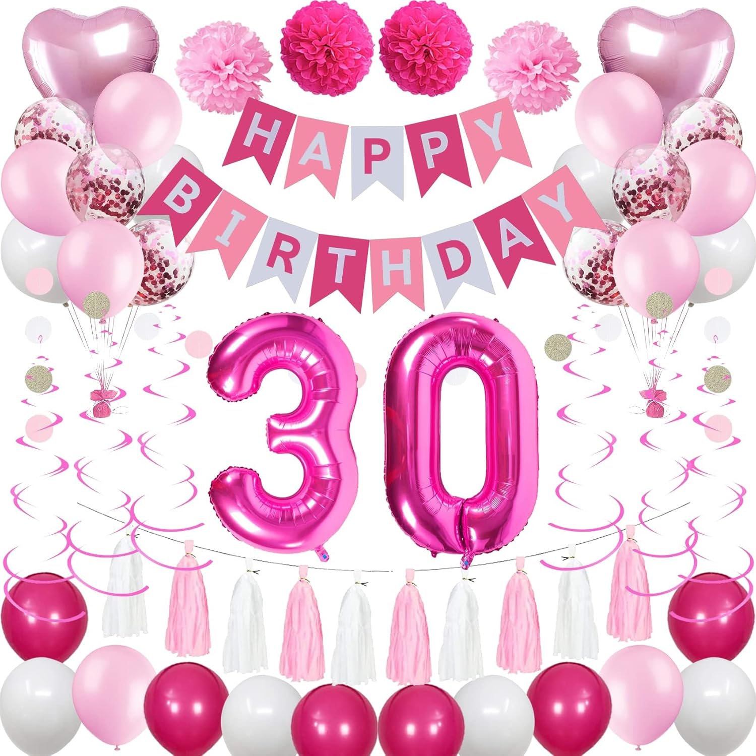 Amazon.com: Sweet 30th Birthday Decorations for Women, Pink and White ...