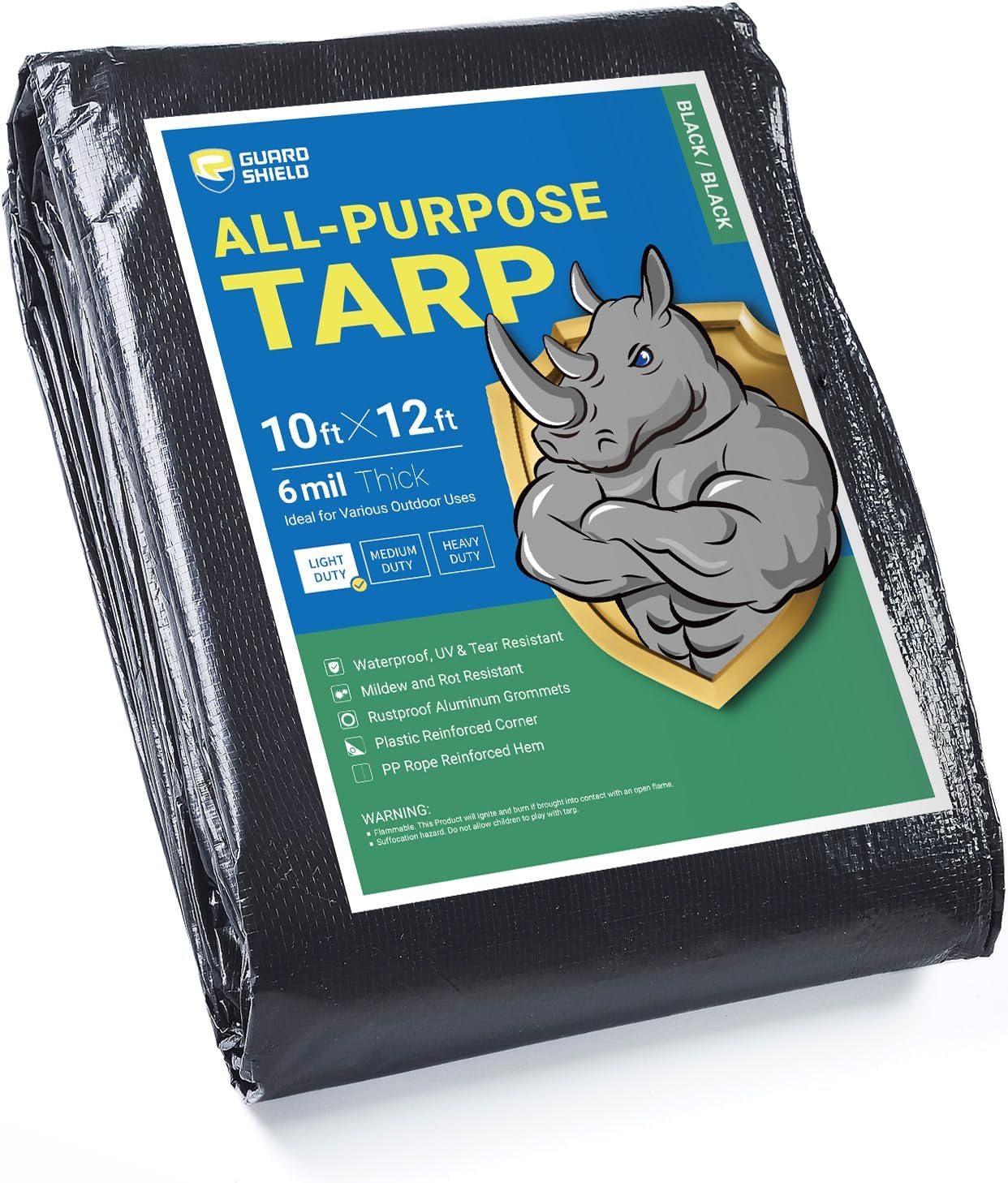 GUARD SHIELD Black Tarp 10x12 Feet Waterproof Tarps Lightweight Camping ...