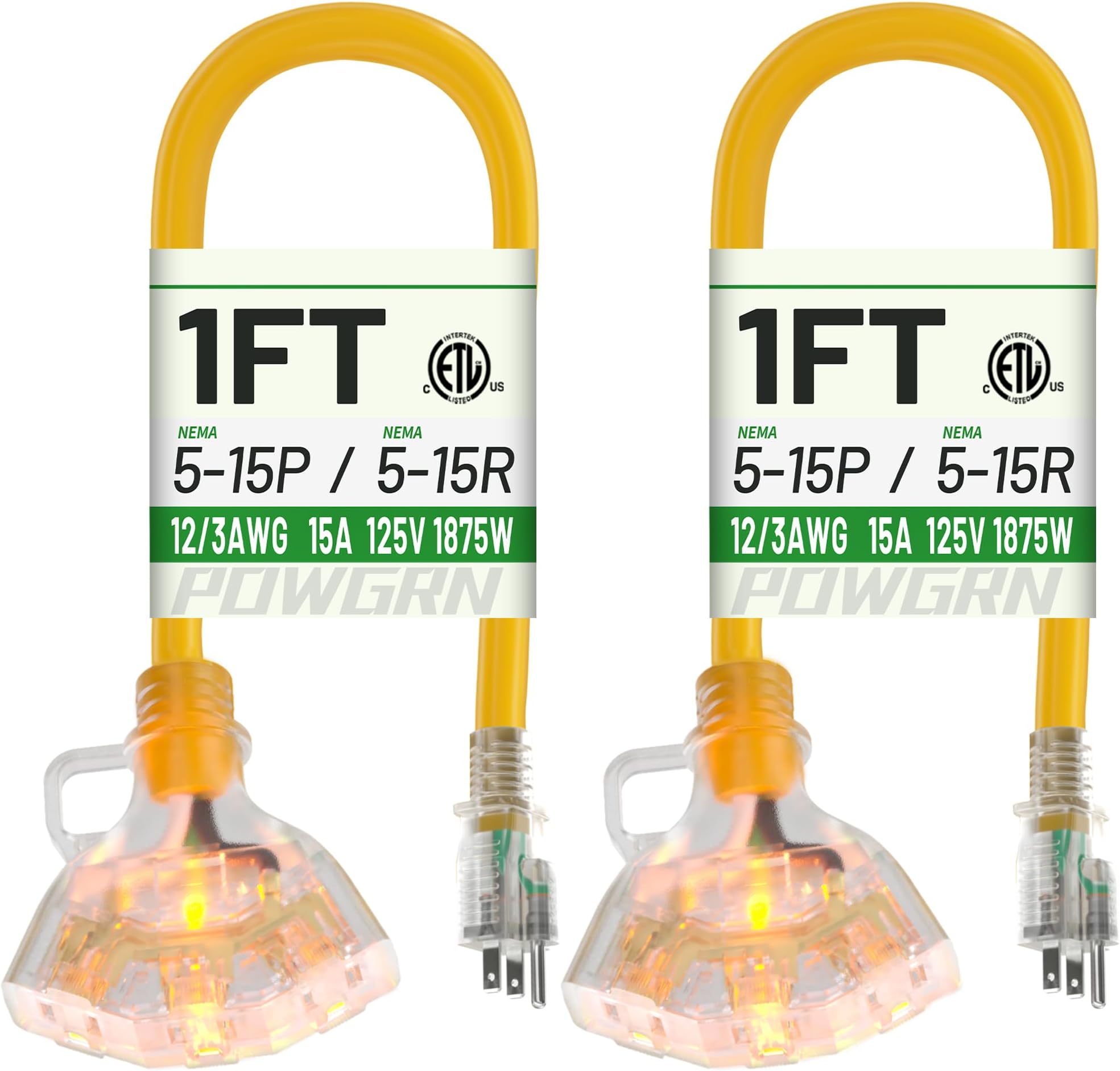 Amazon.com: POWGRN 1 FT 2 Pack 12/3 Gauge Extension Cord with Multiple ...