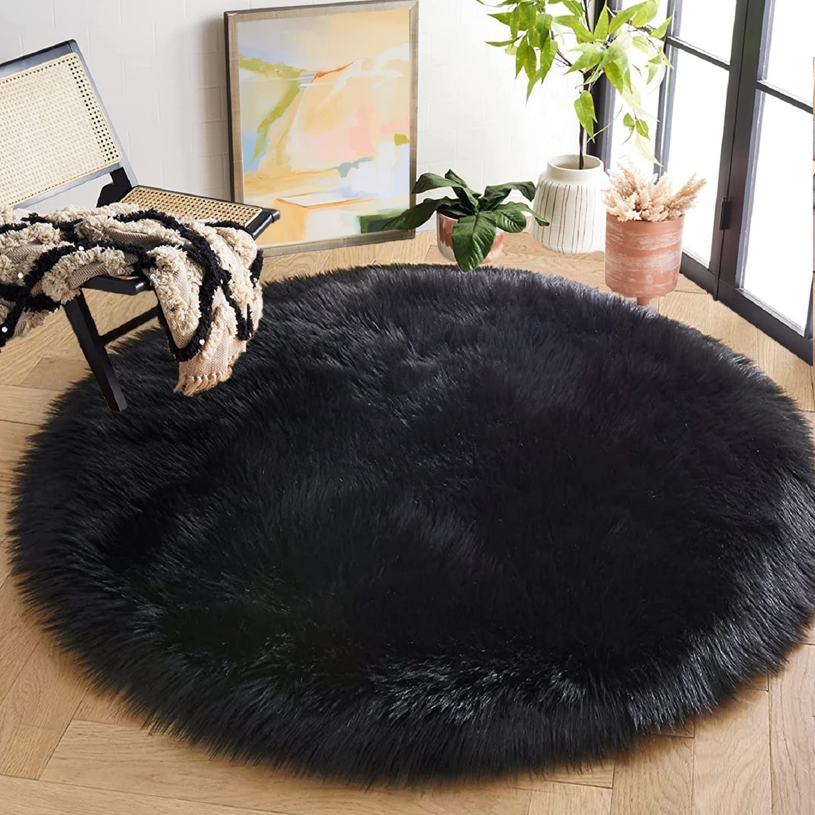 Black Round Rugs 6ft Fluffy Washable Faux Sheepskin Shaggy Fur Rugs for ...