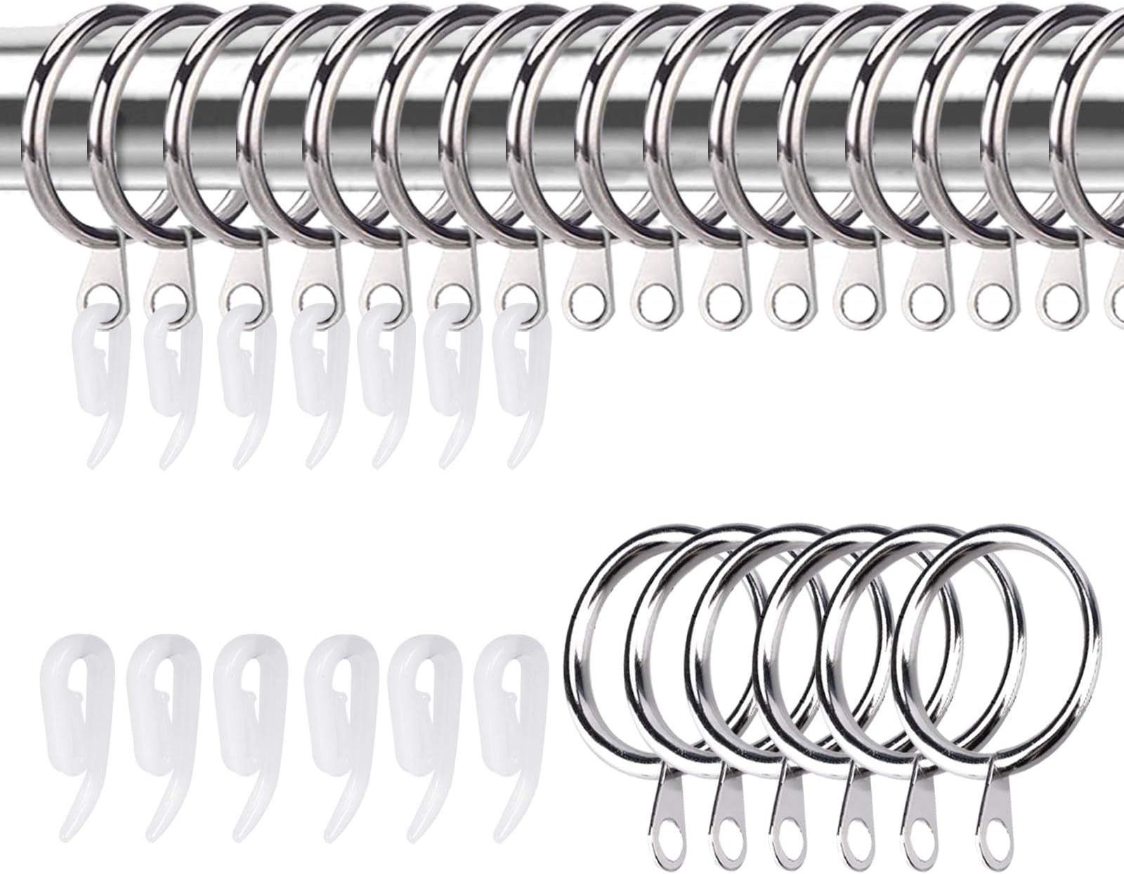 WOVTE 50 Pack Curtain Rings and Hooks, 30mm Metal Drapery Curtain Rings ...