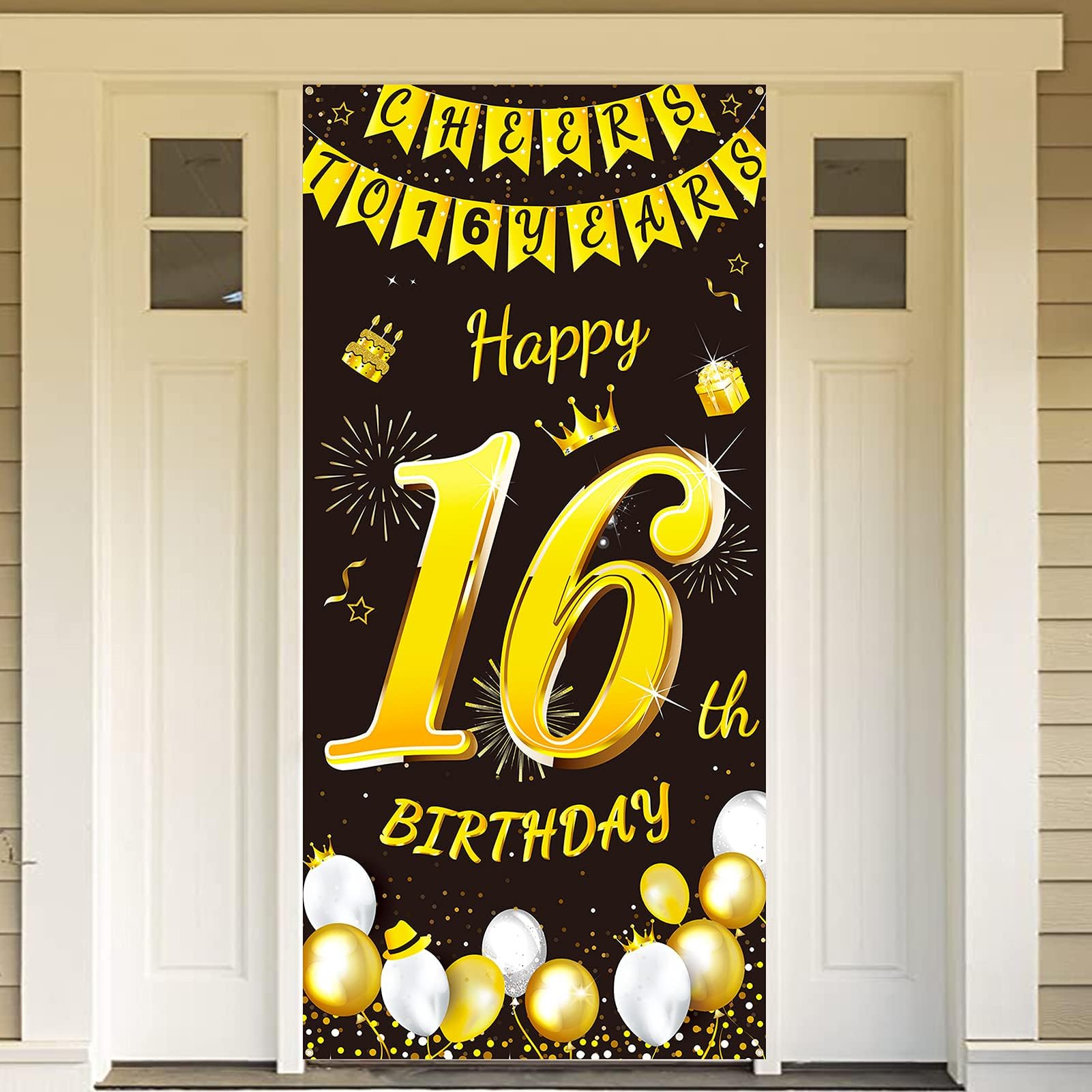 Amazon.com: 16th Birthday Door Cover Banner Decorations, Black Gold ...