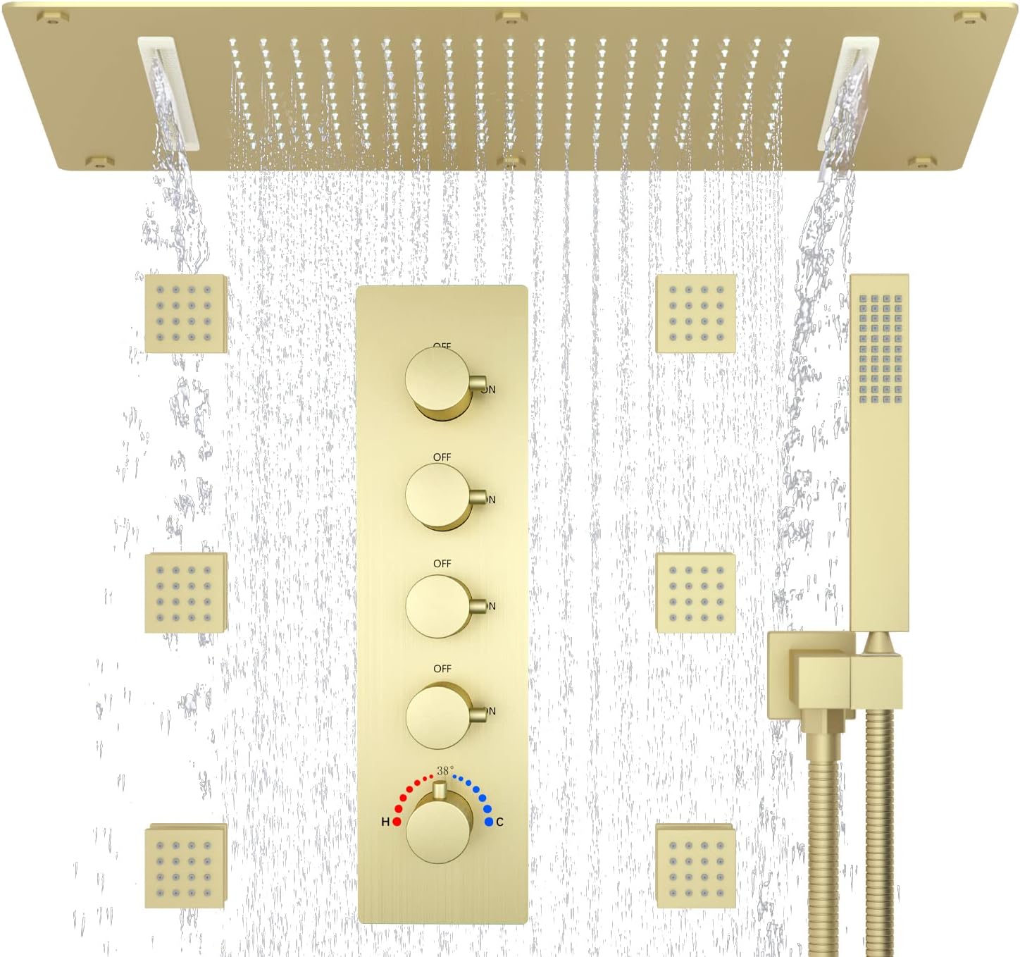 HOMEDEC Thermostatic Rain Waterfall Shower System with Body Spray Jets ...