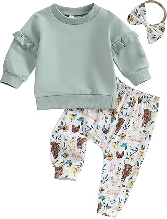 Amazon.com: Kuriozud Toddler Baby Girl Western Clothes Ruffle Crewneck Sweatshirt Cow Print ...