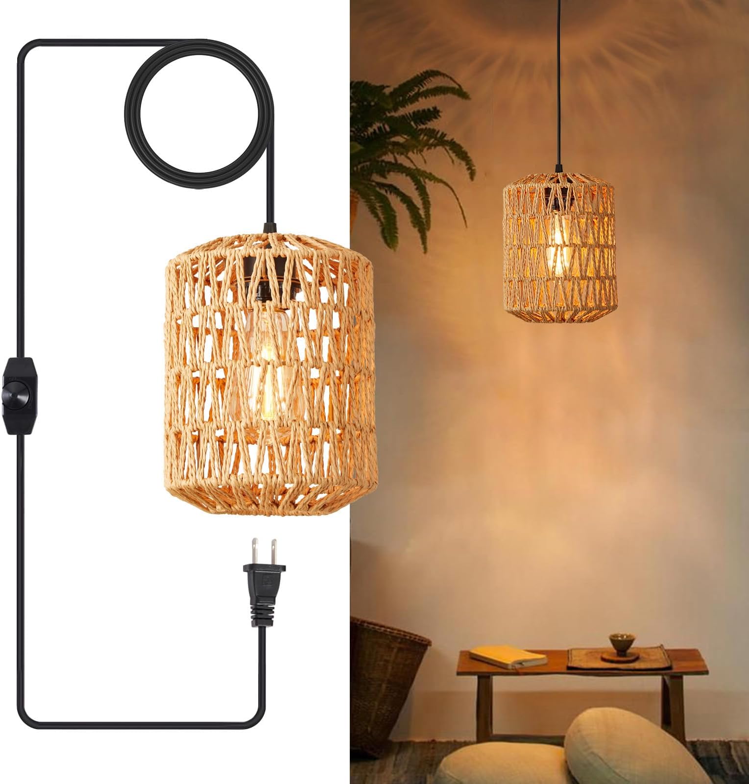 Lumivill Plug in Pendant Light - Bamboo Hanging Lamp 9-Foot Hemp Rope ...