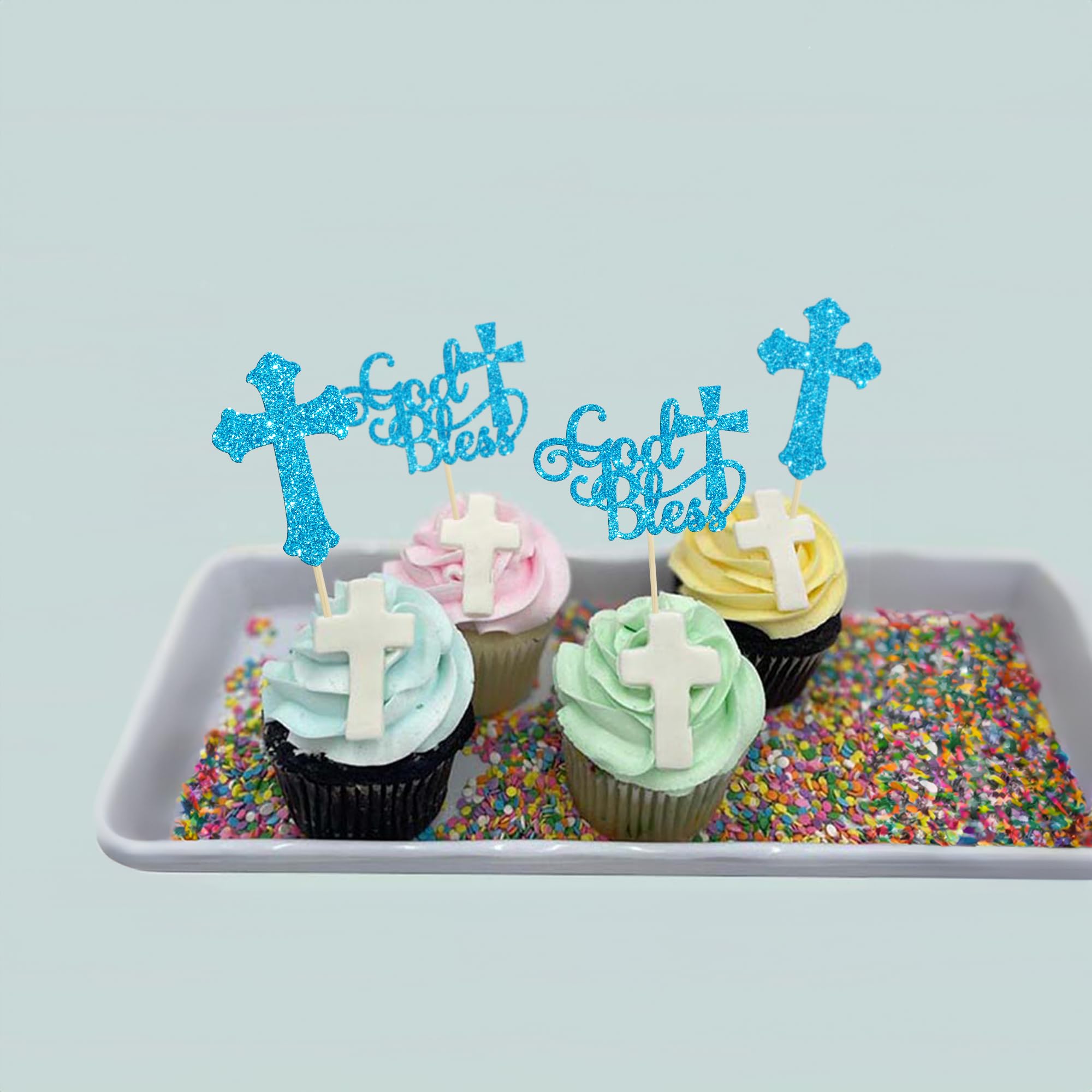 Gyufise 24Pcs God Bless and Baptism Cupcake Toppers Cross God Bless ...