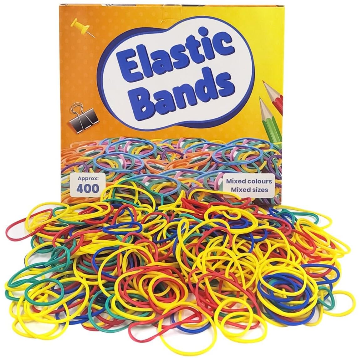 Pack of 400 Thick Elastic Bands Assorted Sizes and Mixed Colours ...
