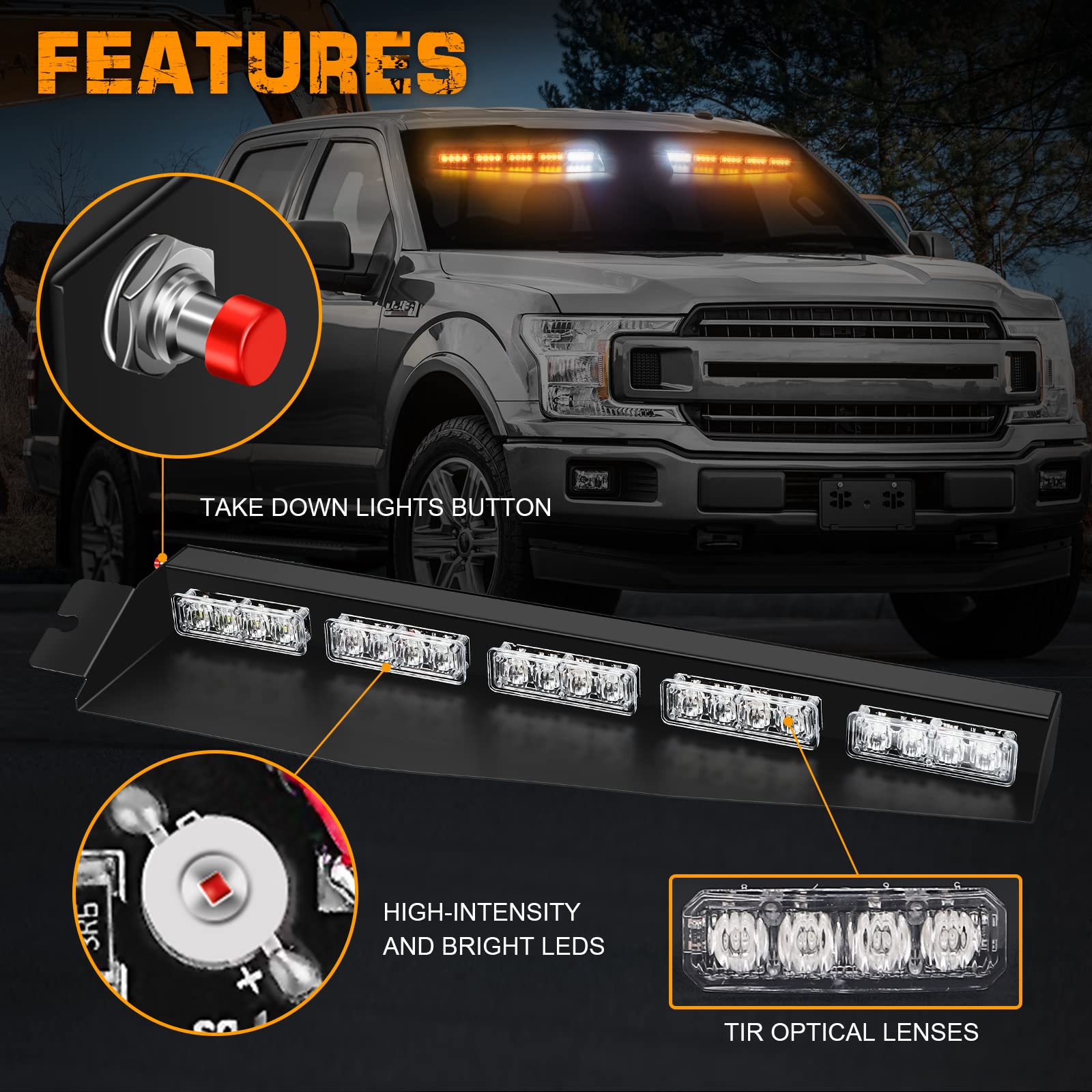 Snapklik.com : 34 Inch Emergency Visor Lights Bar 40 LED Amber Strobe ...