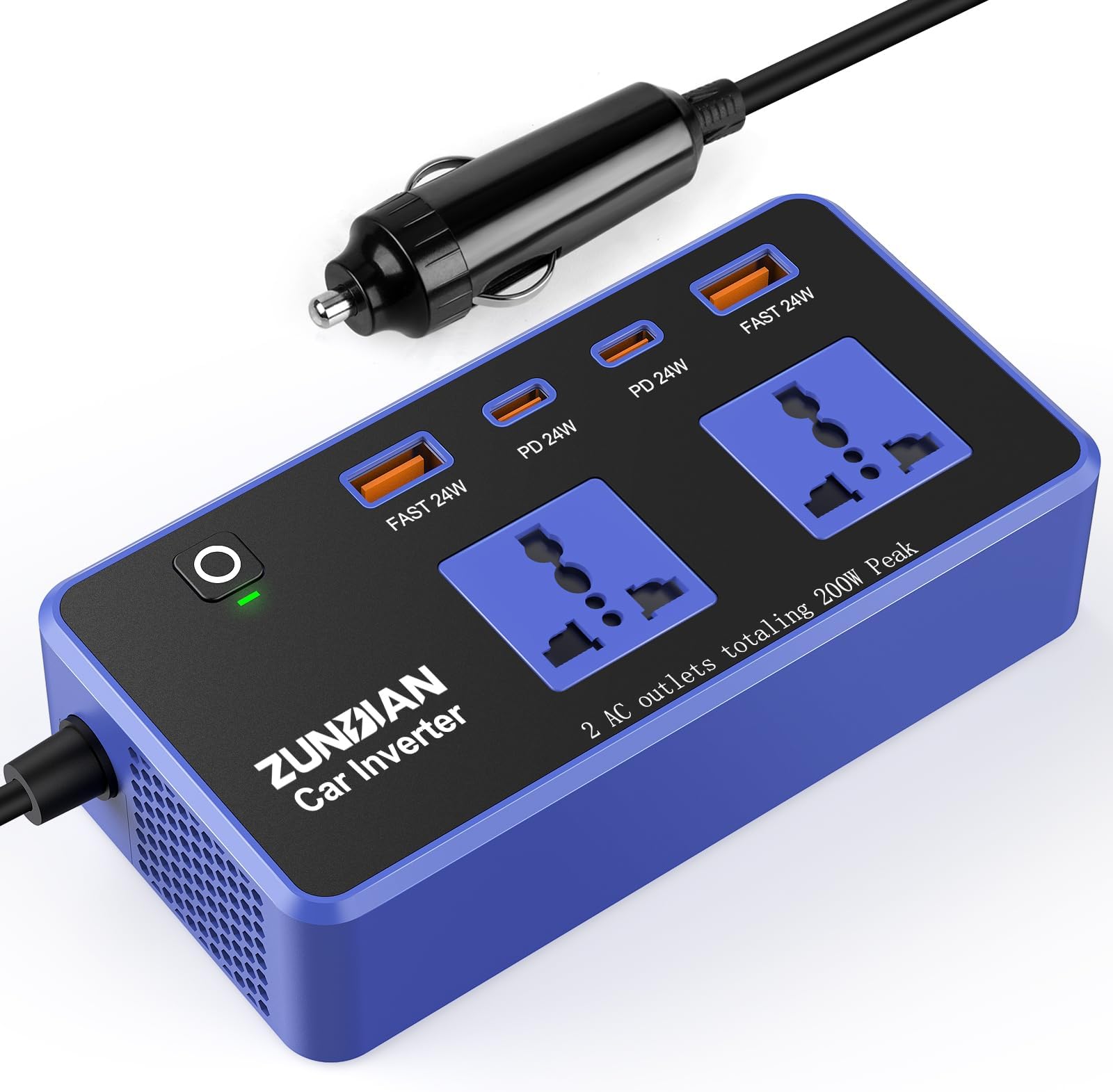 ZunDian 200W Car Power Inverter Blue, DC 12V to 220V AC with PD 24W/ QC ...