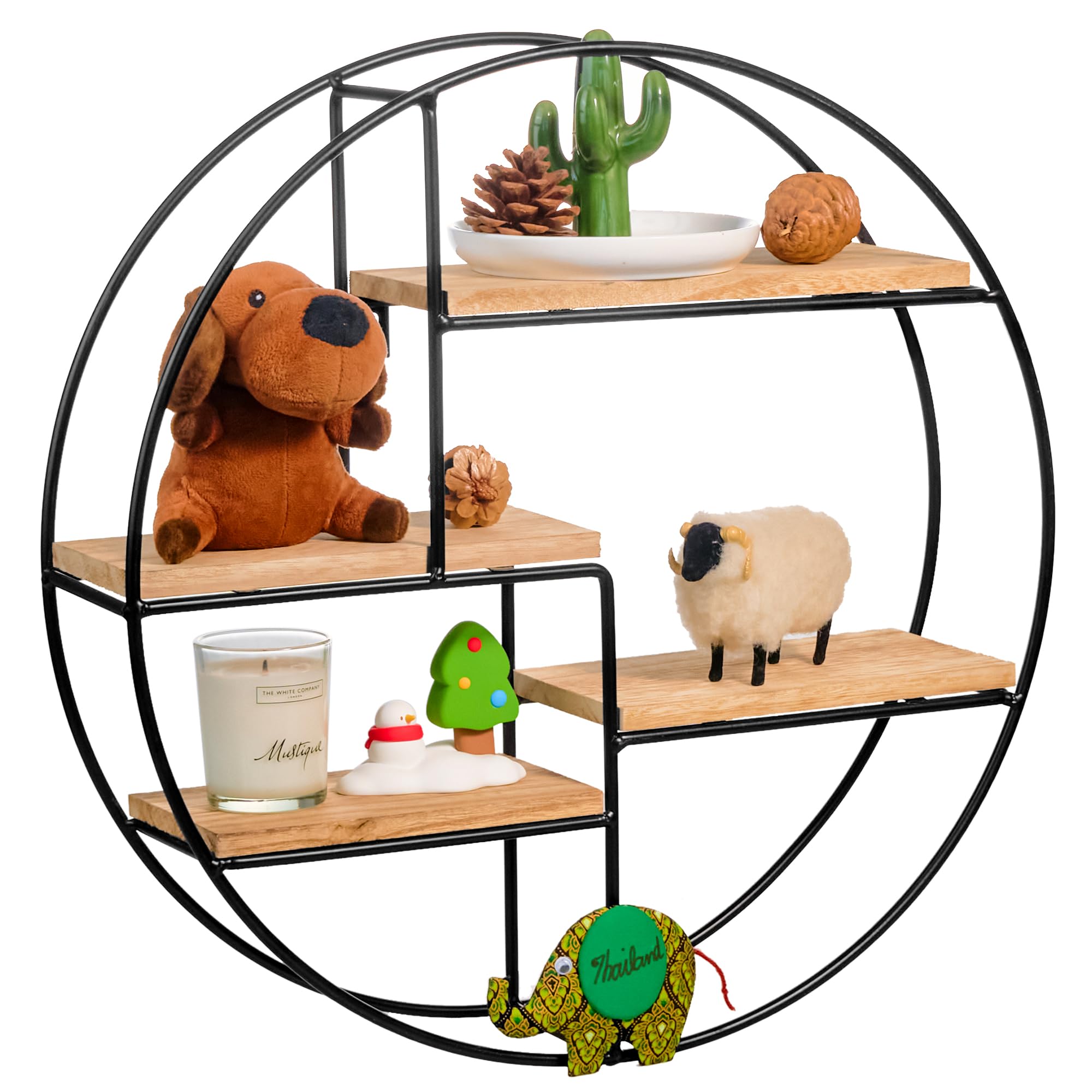 Hawthyhome Circle Wall Shelf Metal Round with Wooden Boards Floating ...