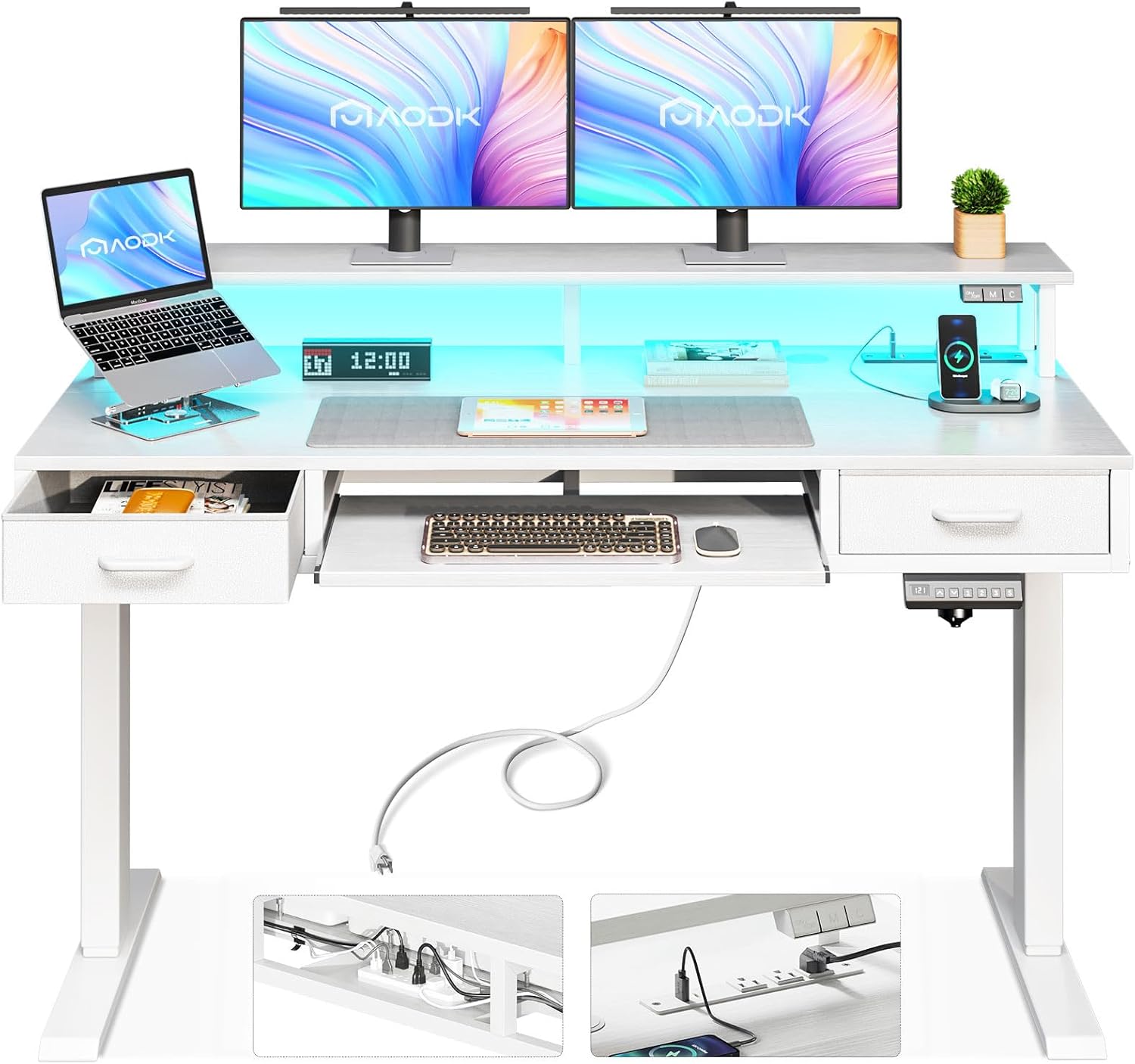 Amazon.com: AODK White Standing Desk with 2 Drawers & Keyboard Tray and ...