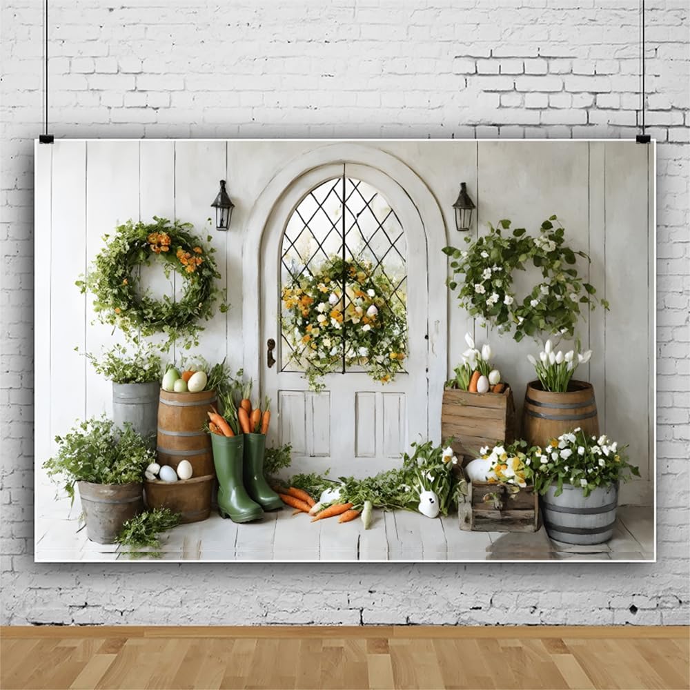 Amazon.com : Easter Backdrop Bunny Eggs Carrots Flower Wood Backdrop ...