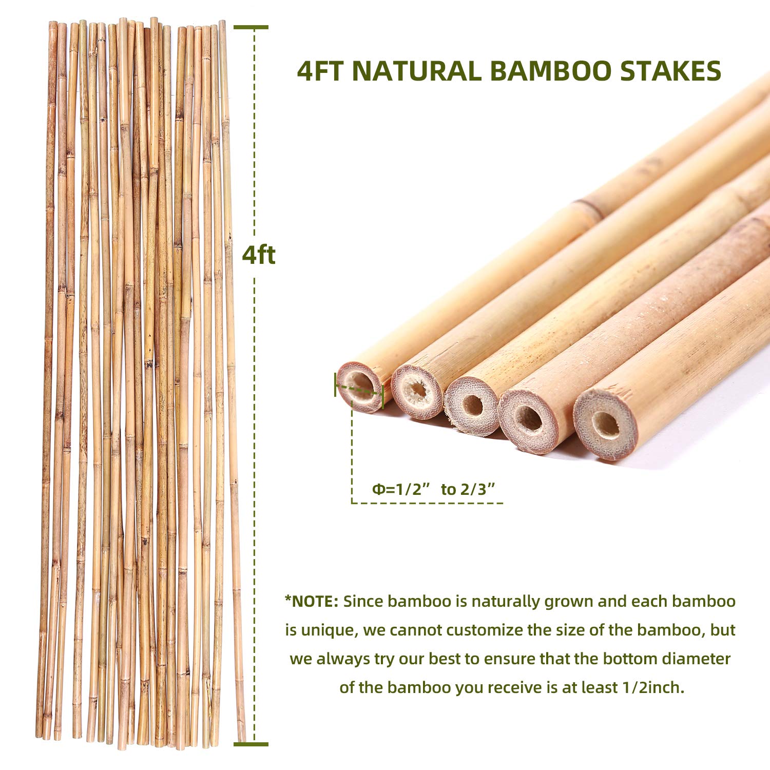 Bamboo Stakes 4 FT with Hemp Ropes, Ohuhu 25 Pack 1/2" Thick 100% ...