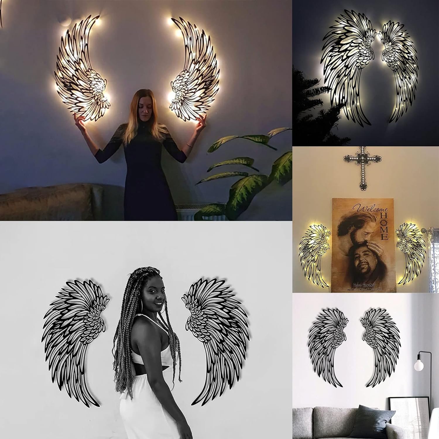 1 par de alas de ángel decoración de pared de metal con luces LED, alas ...