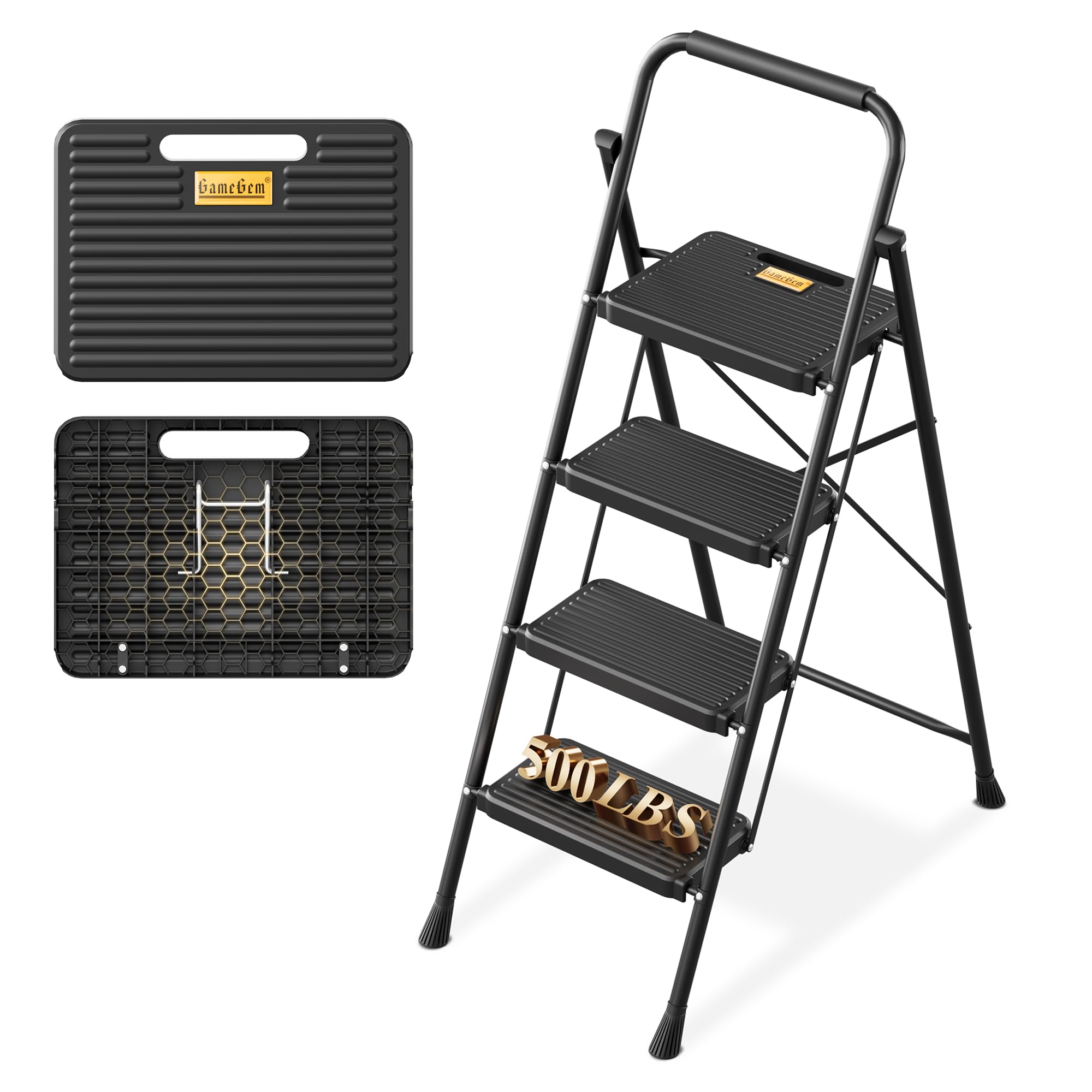 GameGem 4 Step Ladder, Foldable Step Stool with Newly Designed Sturdy ...