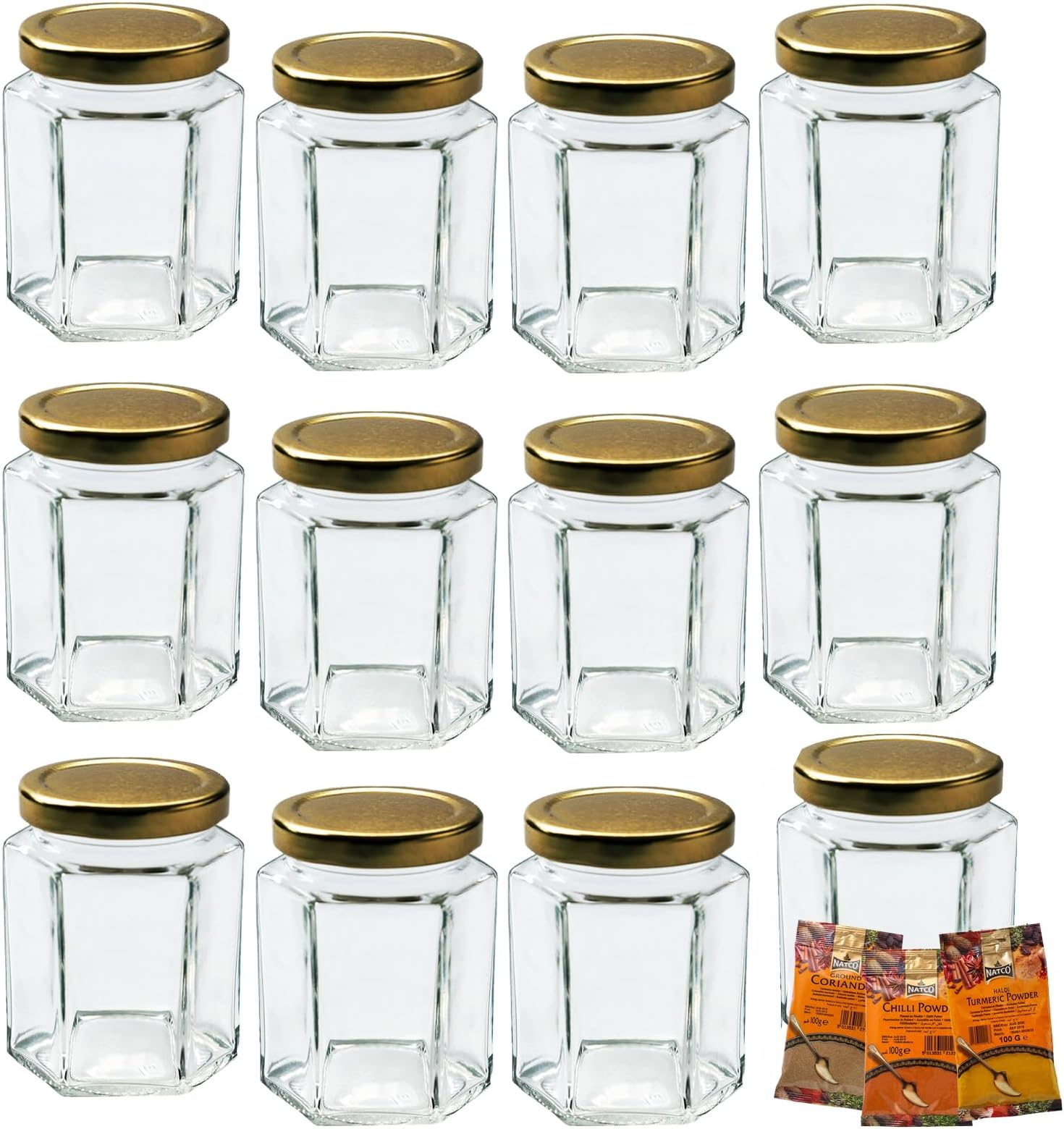 Nutleys 24 x 8oz 190ml Hexagonal Jam Jar Box with Gold Screw-Top Lid ...