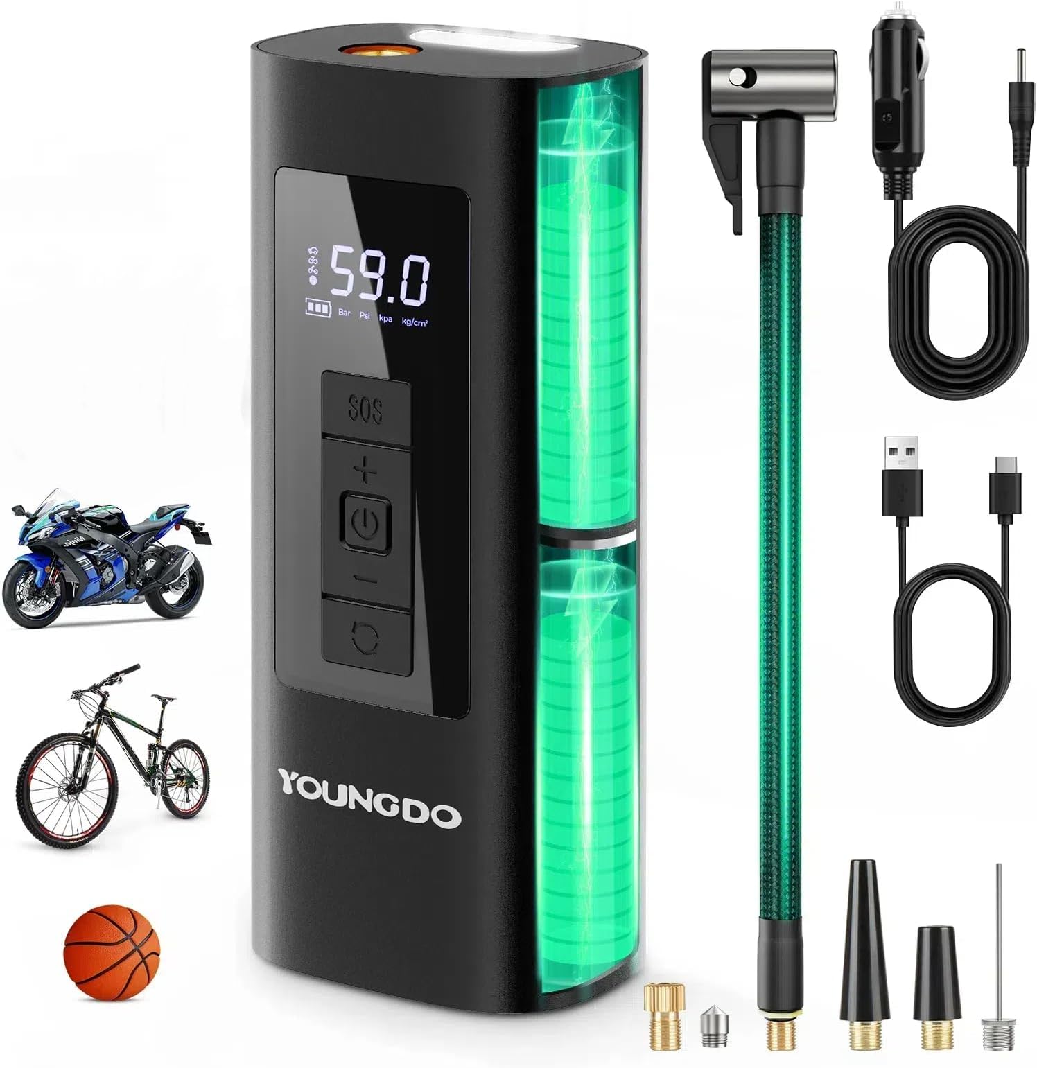 YOUNGDO Portable Tyre Inflator Air Compressor with 150 Psi & 6000mAh ...