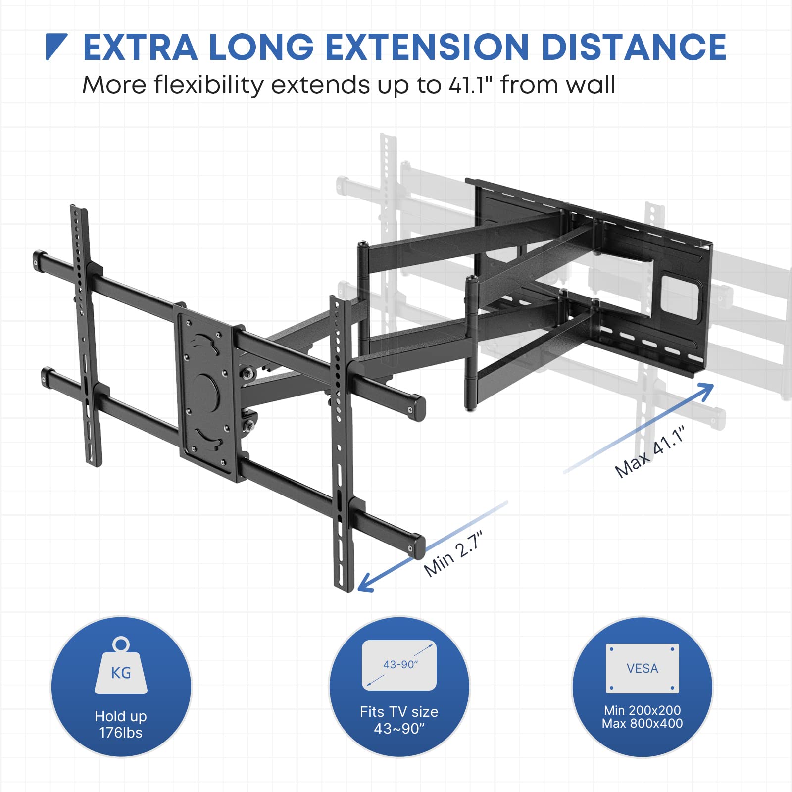 Long Arm TV Wall Mount for Most 43 to 90 inch Flat&Curved TVs, Dual Arm ...
