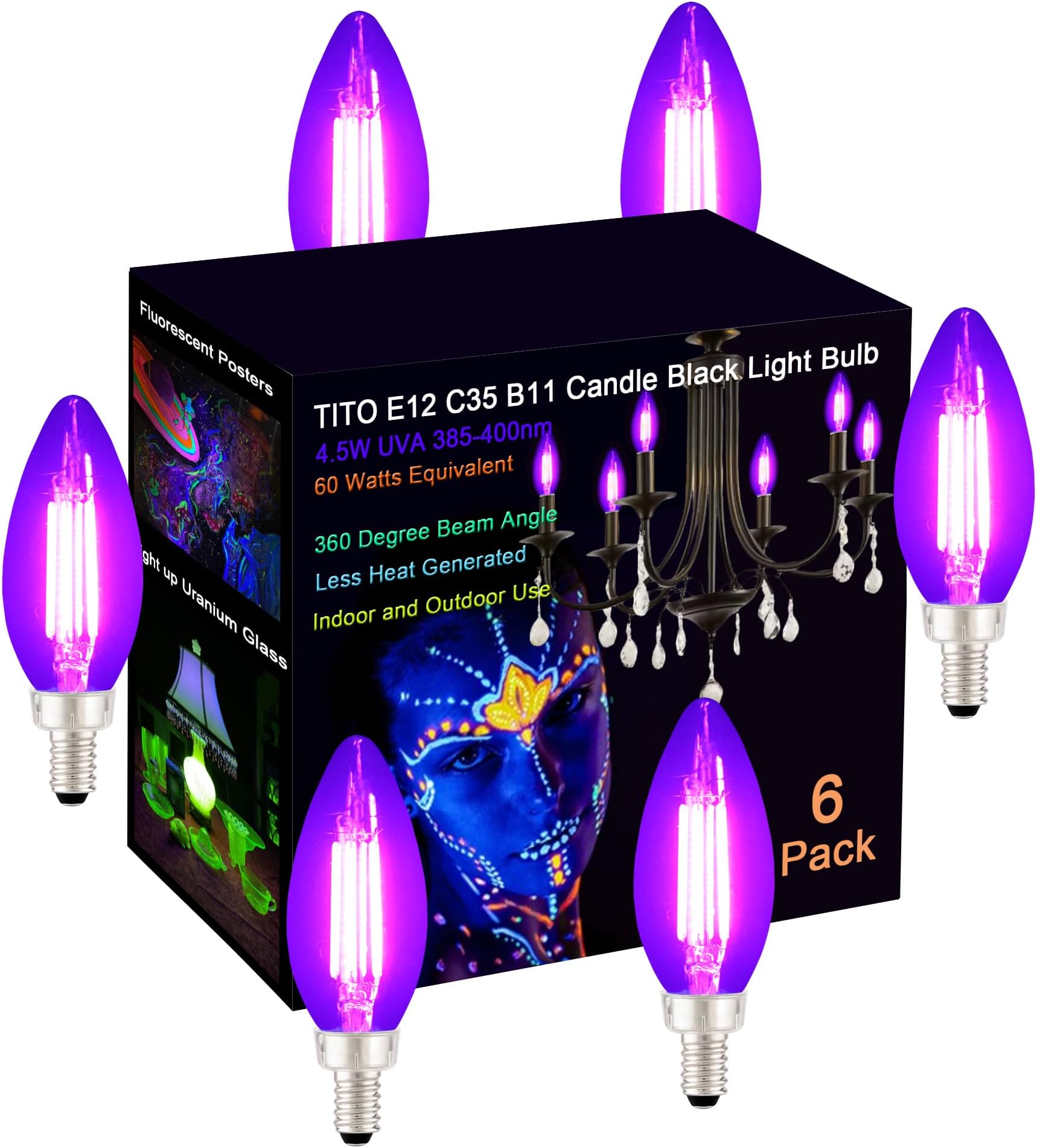 TITO 6 Pack E12 B11 Filament LED Candle Black Light Bulbs, UVA 395nm 4 ...