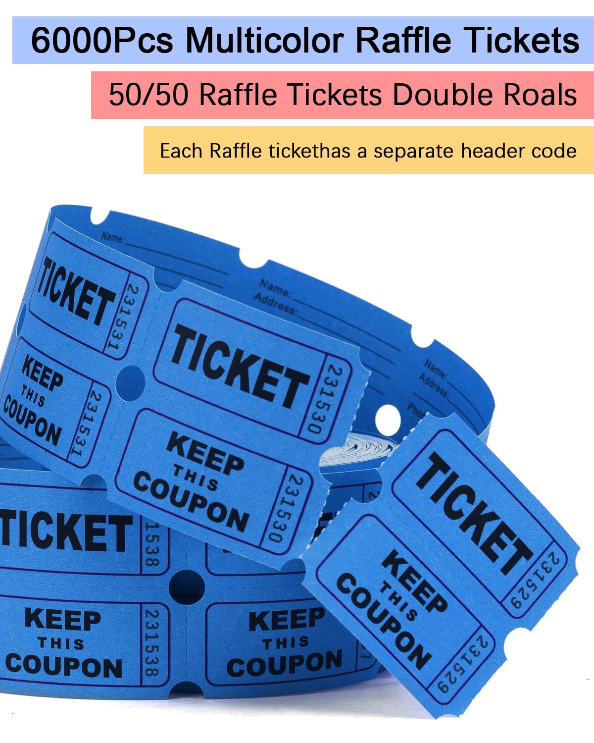 Snapklik.com : Colemoly 1000 Raffle Tickets Roll, 3000 Pairs 6 Rolls 2 ...