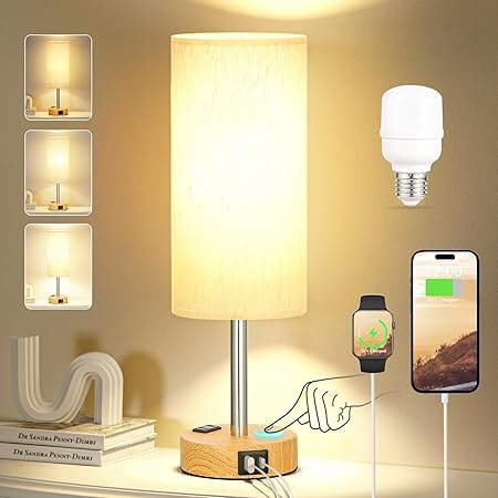 Bedside Lamp with USB Ports - Touch Control Table Lamp for Bedroom with ...
