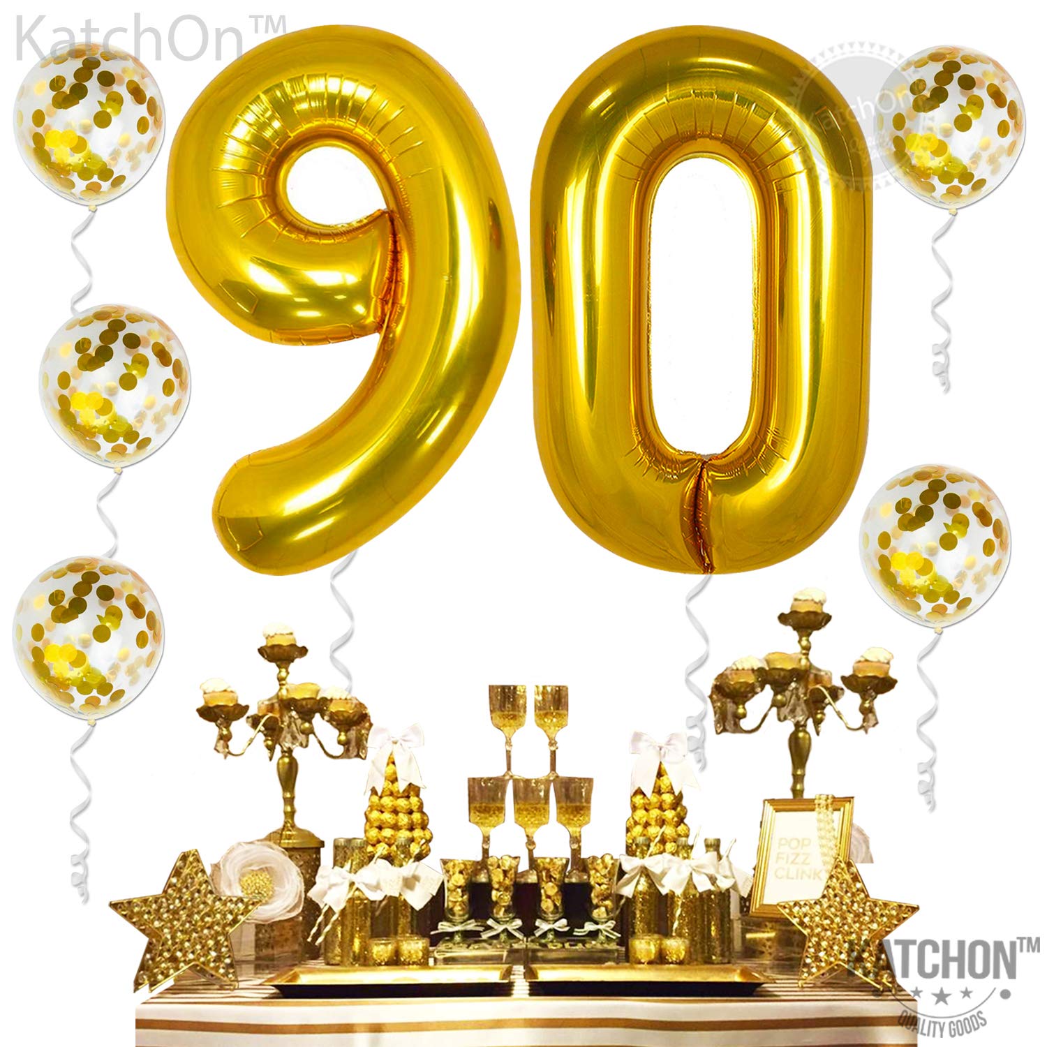 Buy Number 90 and Gold Confetti Balloons - Large, 40 Inch Foiil Gold ...