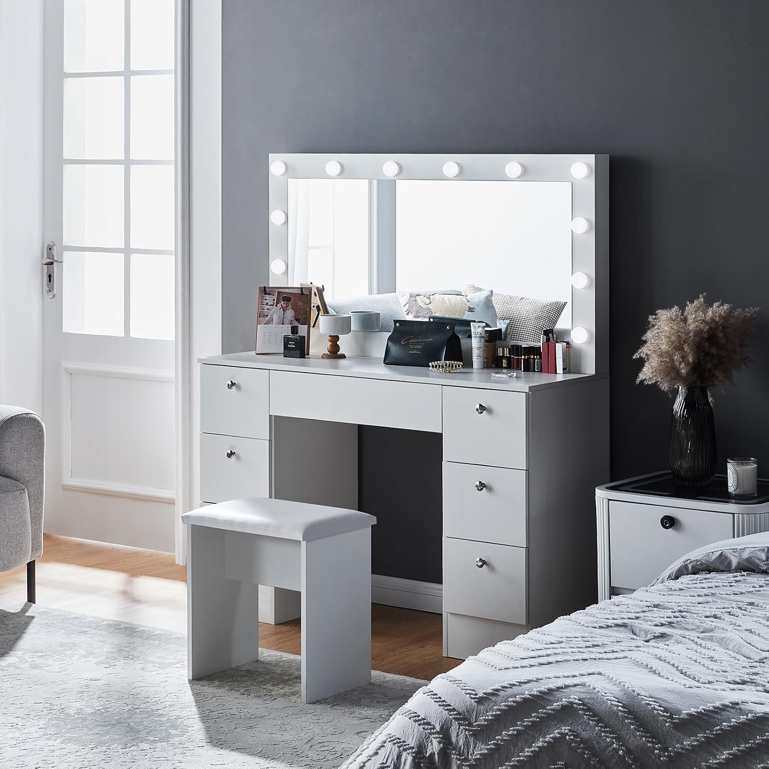 CLIPOP White Dressing Table Set with Hollywood Mirror with LED Lights ...