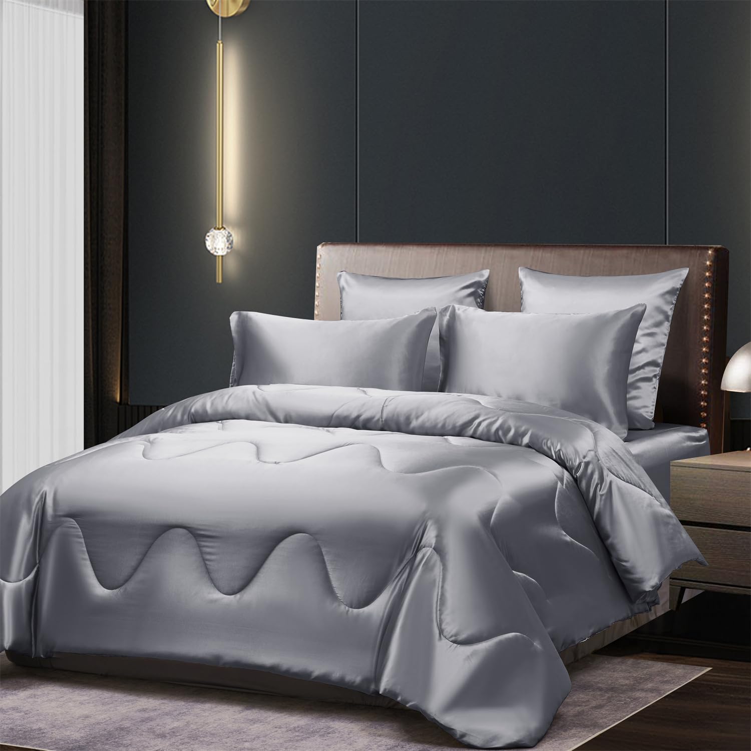 Amazon.com: YASMENG Light Grey Satin Silky Comforter Set Queen Size ...