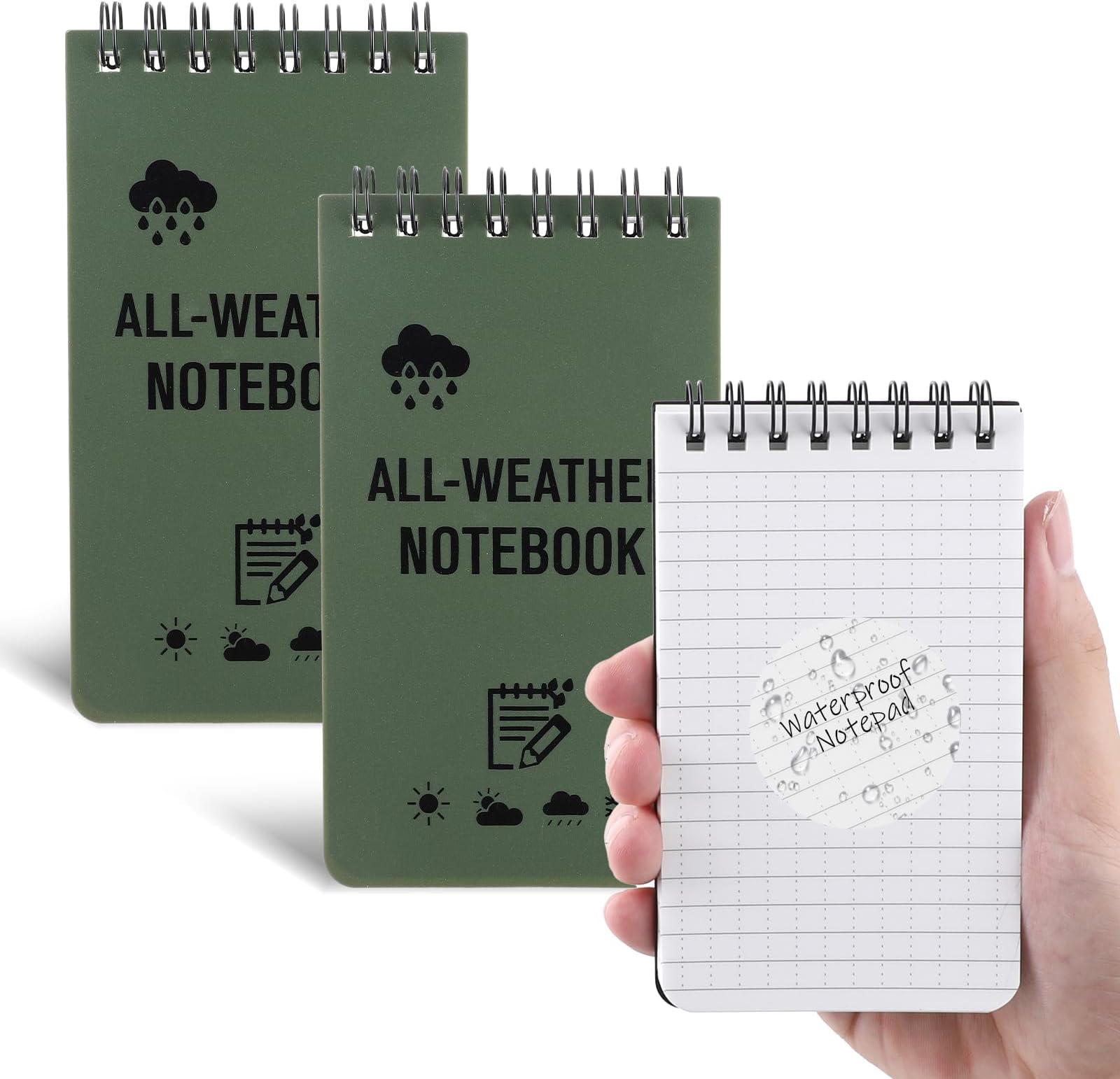 2 Pack Waterproof Notebook 3 x 5 Inches Army Green Pocket Notepad Write ...