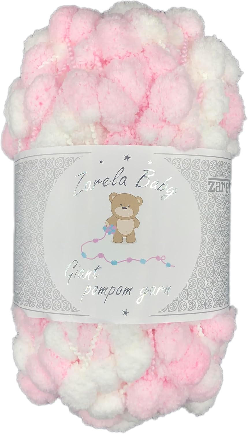 Zarela Baby Giant Pom Pom Yarn Wool (G06 White-Pink) : Amazon.co.uk ...