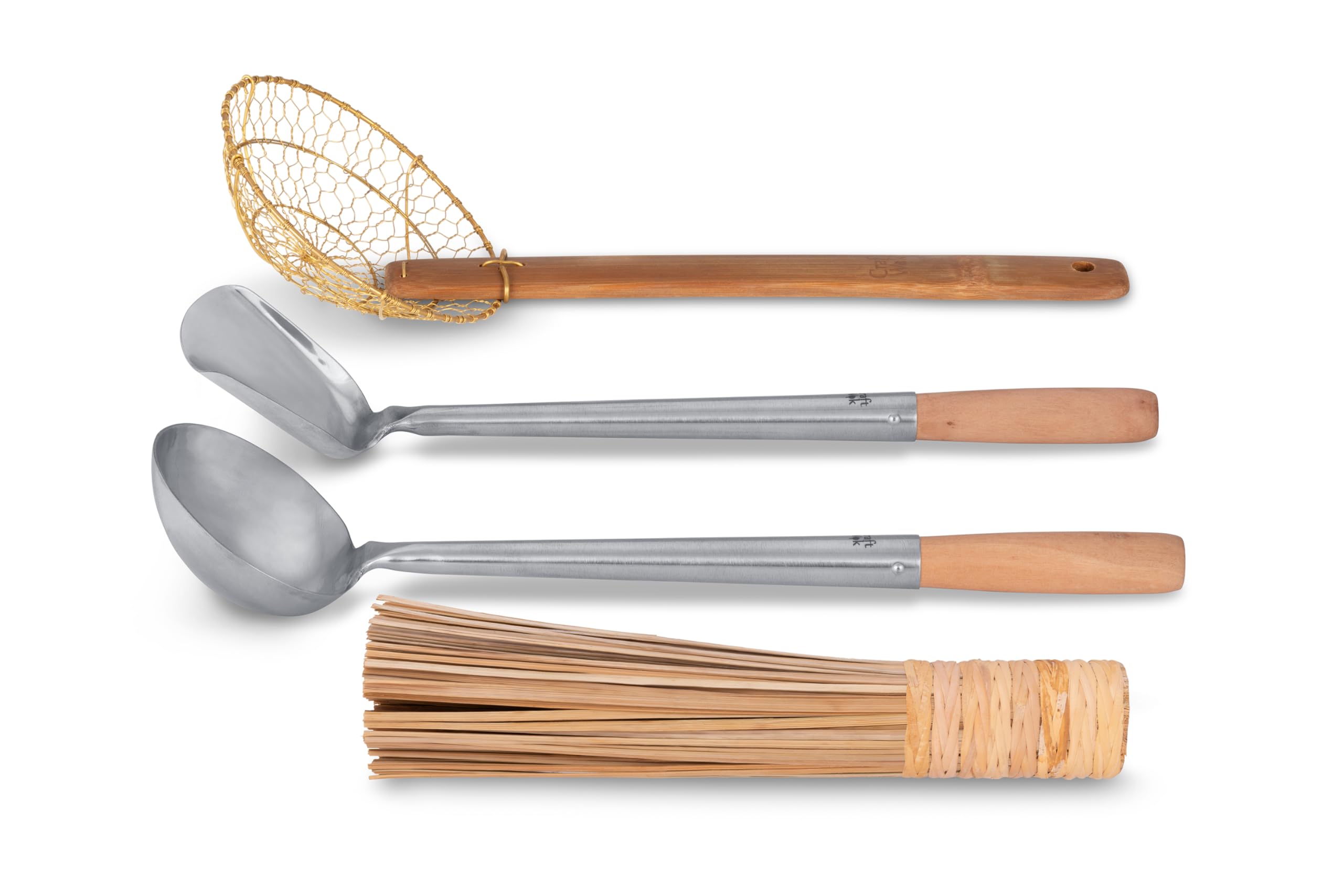 Craft Wok Tools 4 pcs Set: Ladle, Spatula, Strainer, Bamboo Brush ...