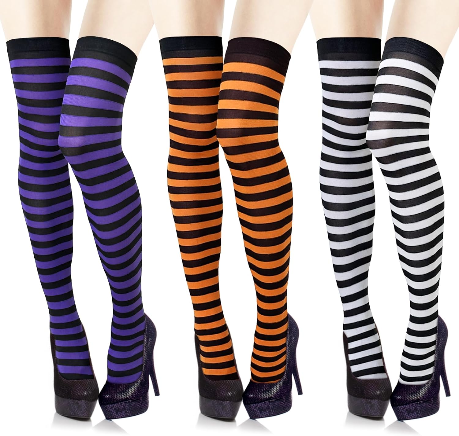 Amazon.com: Apragaz 3 Pairs Thigh High Socks Woman, Witch Striped Thigh ...