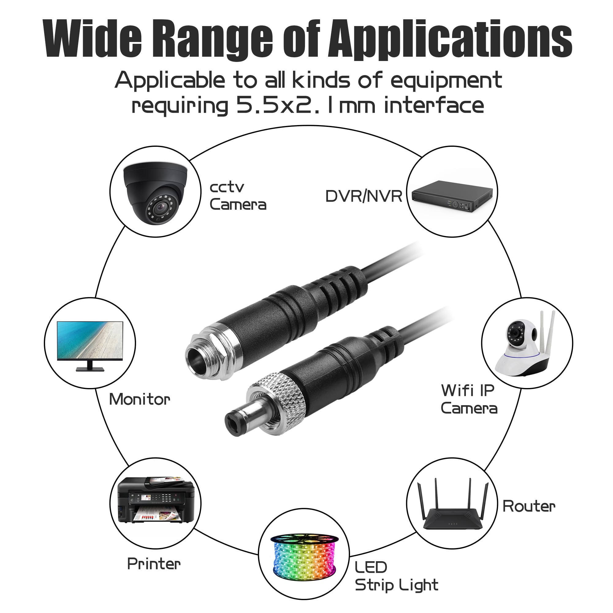 CCTV Camera Power Cable 10ft 14AWG DC Extension Cable - 2.1mm X 5.5mm ...