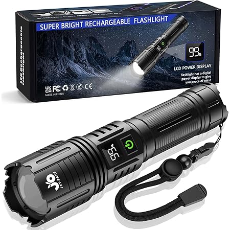 JAY-PARK Flashlight Rechargeable 250000 Lumen, with Digital Power ...