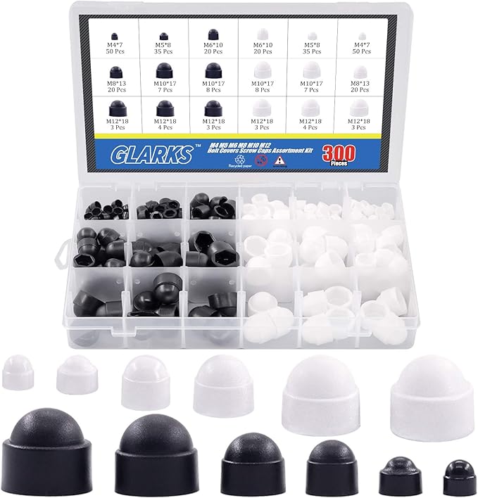 Glarks 300Pcs Black and White Bolt Covers Screw Caps Assortment Kit, M4 M5 M6 M8 M10 M12 Nylon ...
