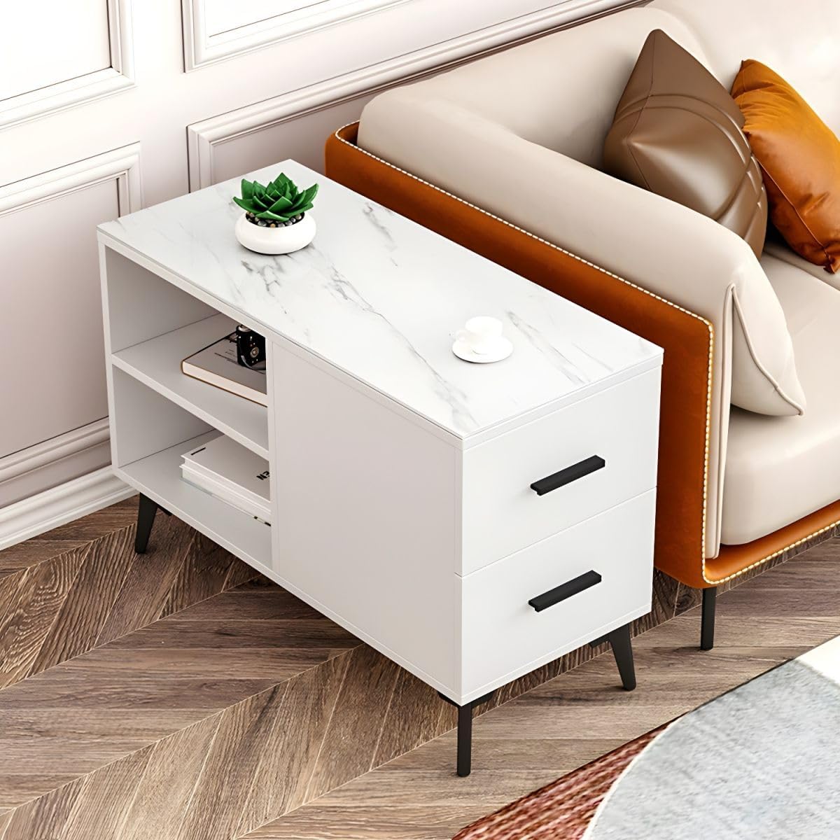 Amazon.com: KWOKING Rectangular Stone End Table with Black Iron Base ...