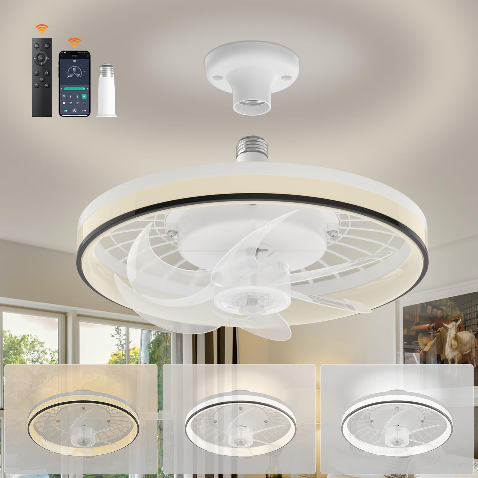 13 In Socket Fan Light with Remote & APP-2,500 lumens White Plug in ...