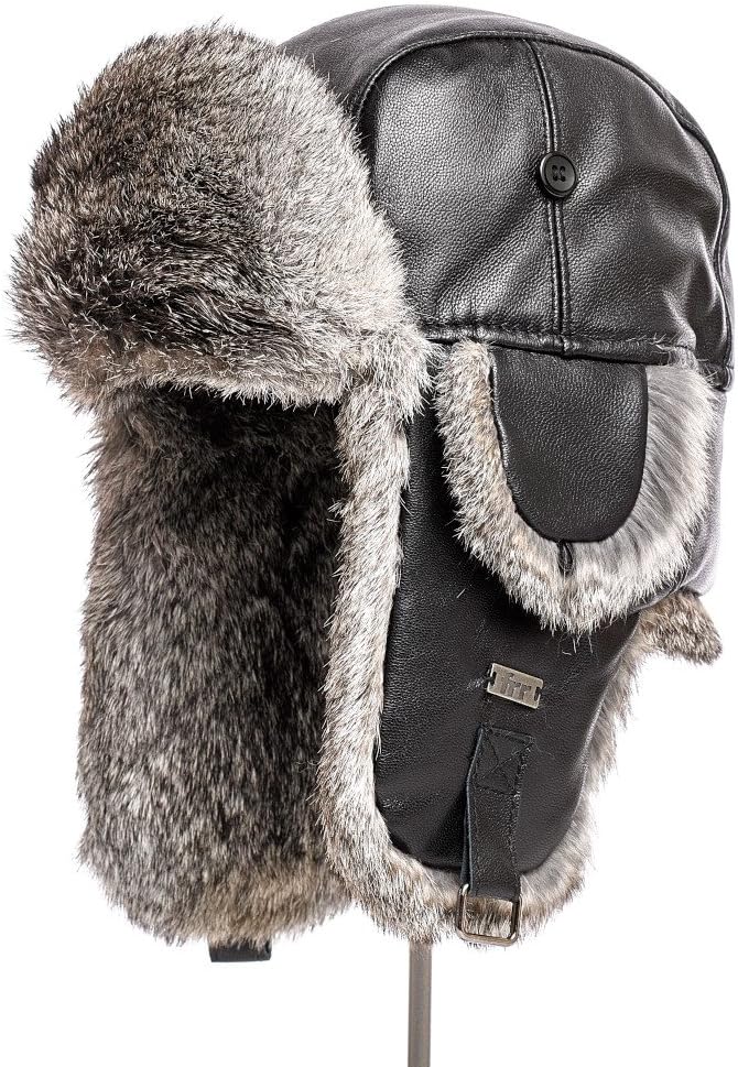 Amazon.com: frr Black Leather Rabbit Fur Aviator Hat - S : Clothing ...