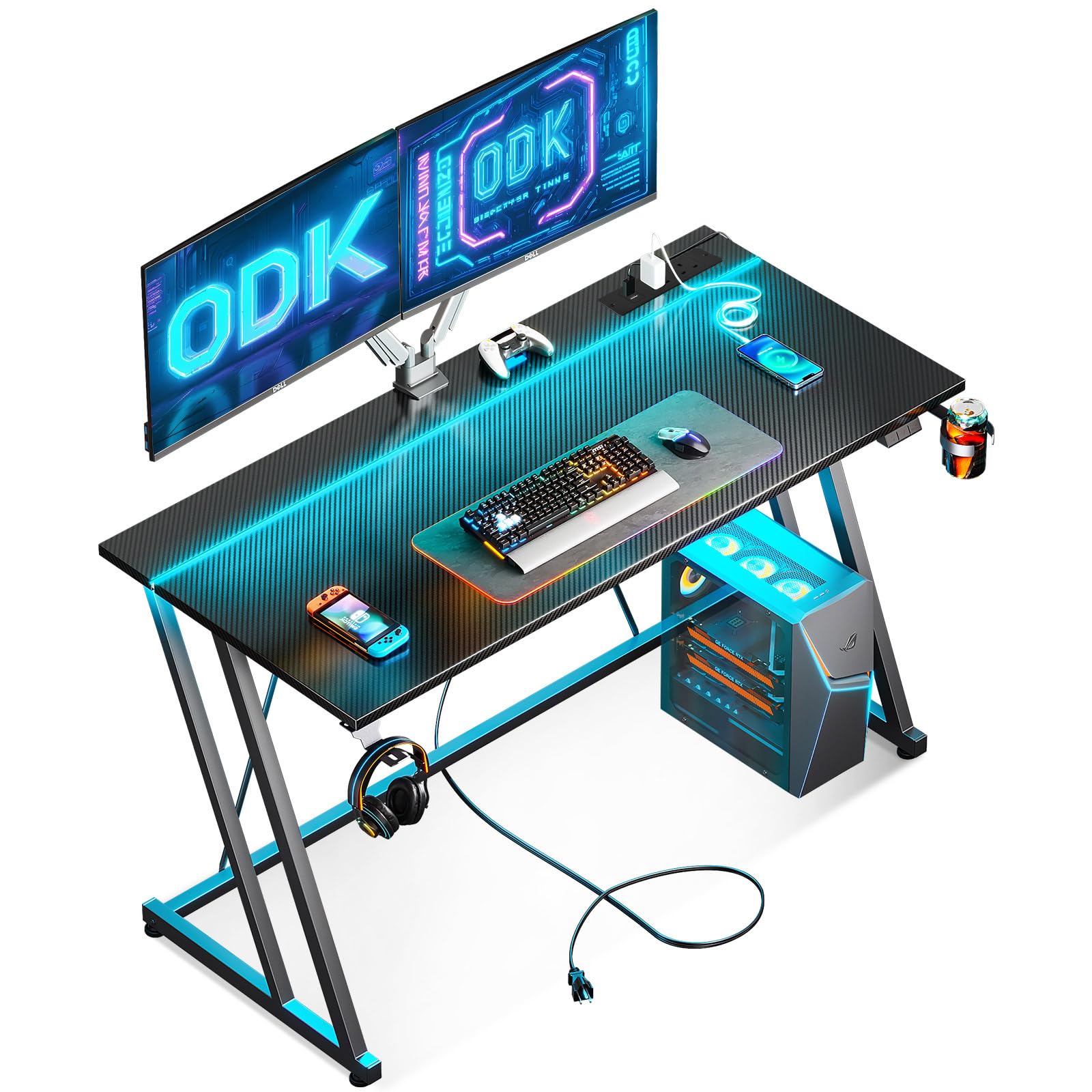 ODK Gaming Desk with LED Lights & Power Outlet, Gaming Table with Cup ...