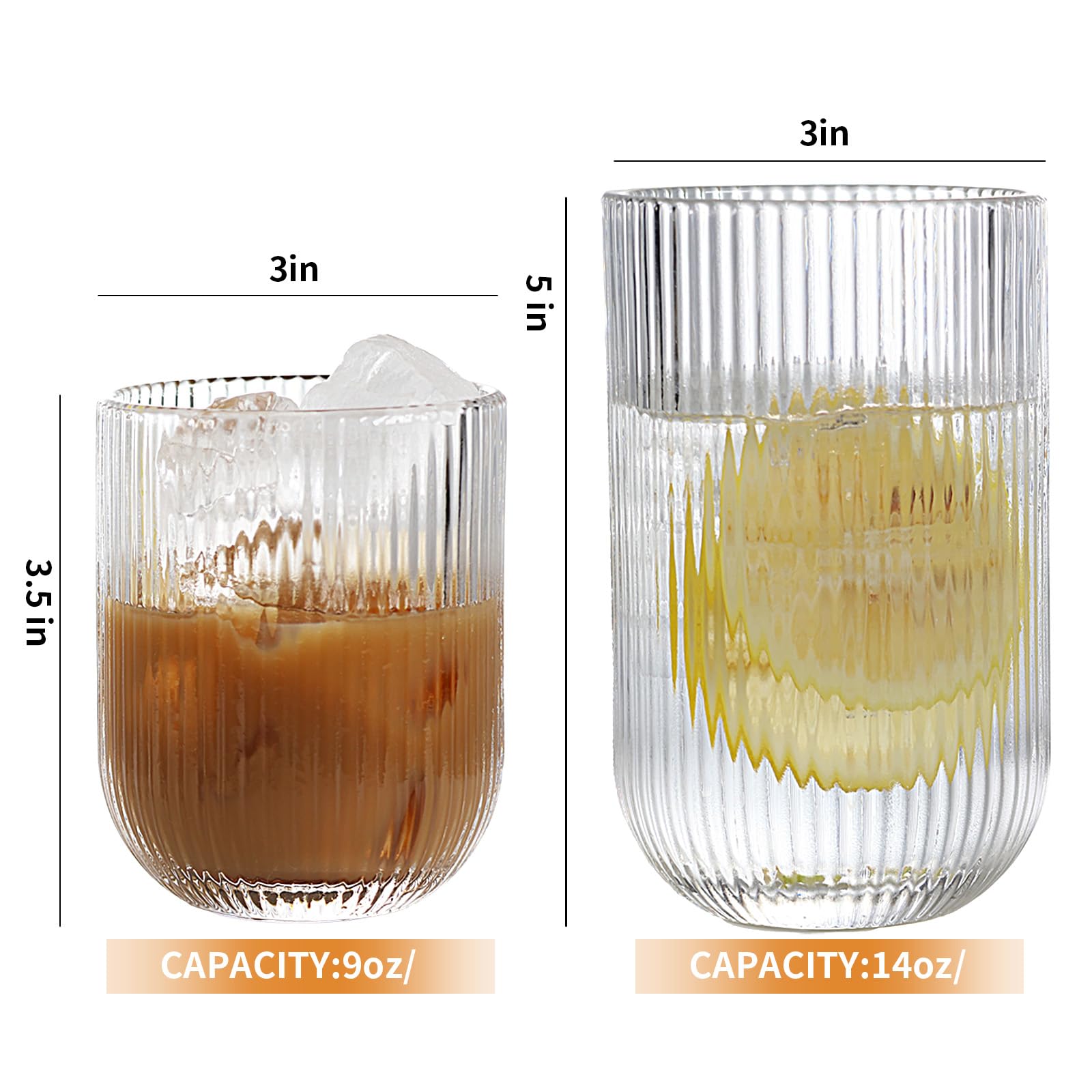 Fluted Design Drinking Glasses Set Of 8 Ribbed Glassware – 4 Highball ...