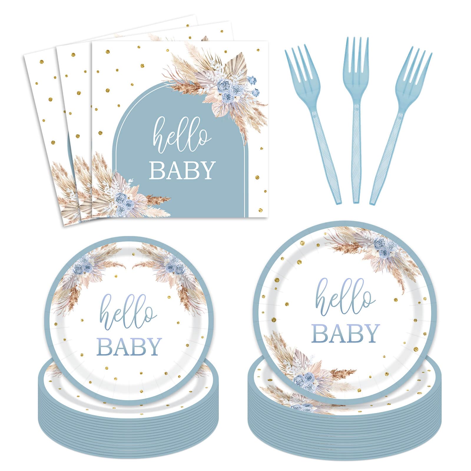 Amazon.com: 96 Pieces Dusty Blue Baby Shower Tableware Set Party ...