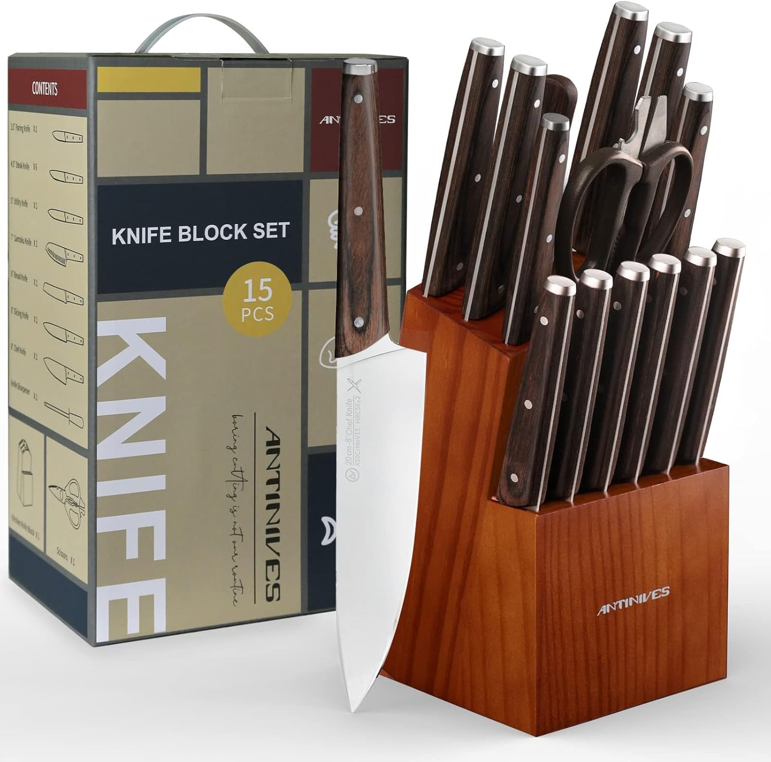 Knife Block Set, 15 Pcs German Stainless Steel(X50CrMoV15) Knife Set ...