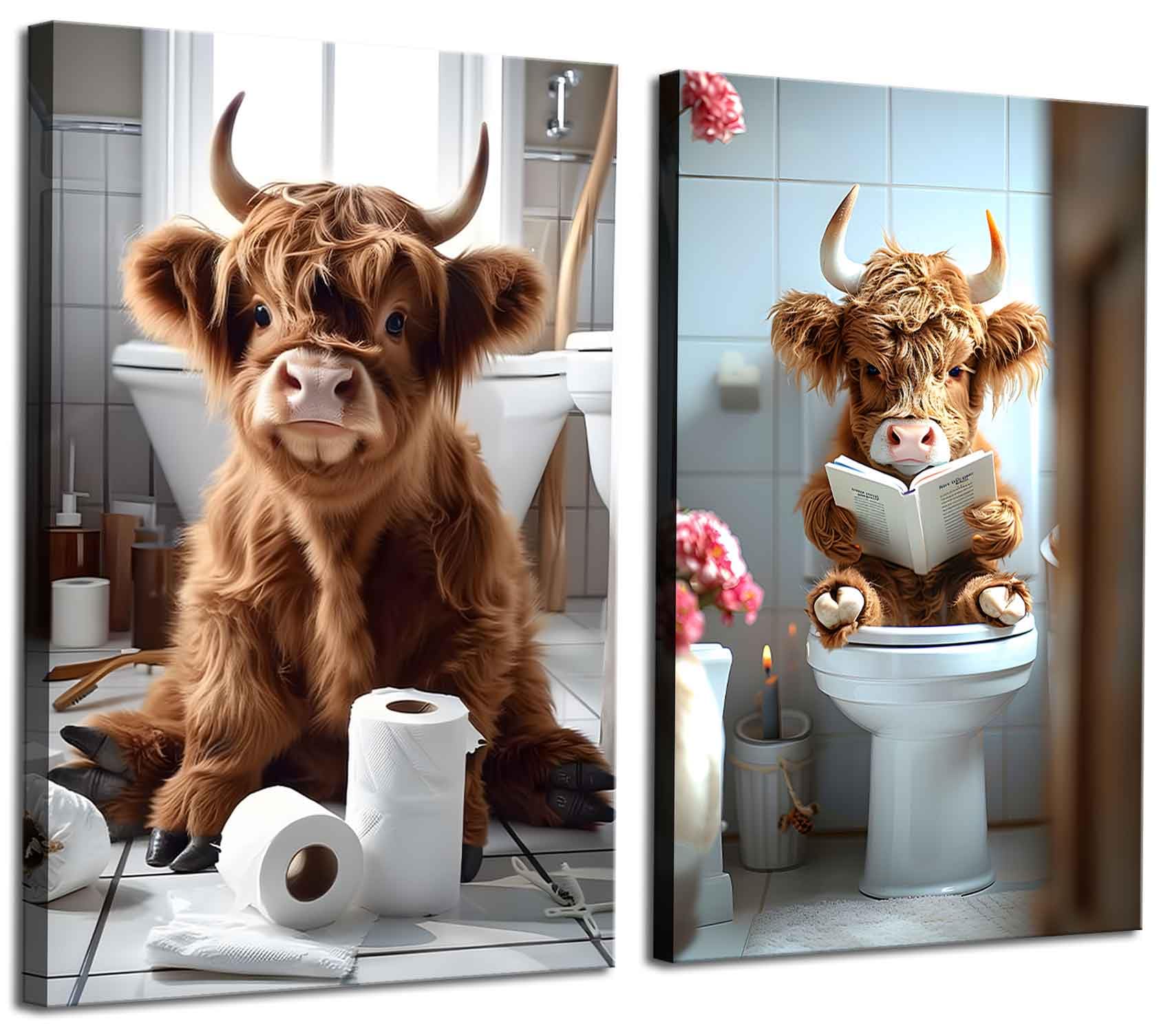 Amazon.com: ZYGARTEQ 2Pcs Funny Highland Cow Bathroom Canvas Wall Art ...