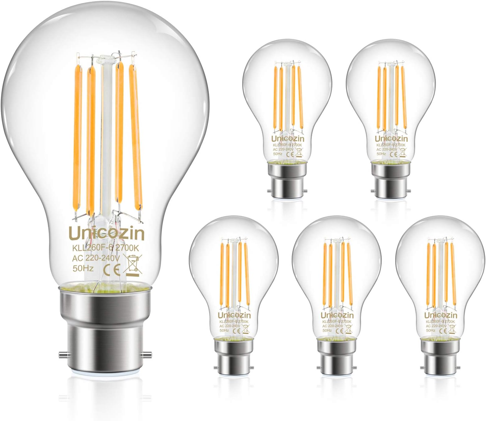 Unicozin LED B22 Bayonet Cap Light Bulbs, 6W 800LM, 60W Incandescent ...